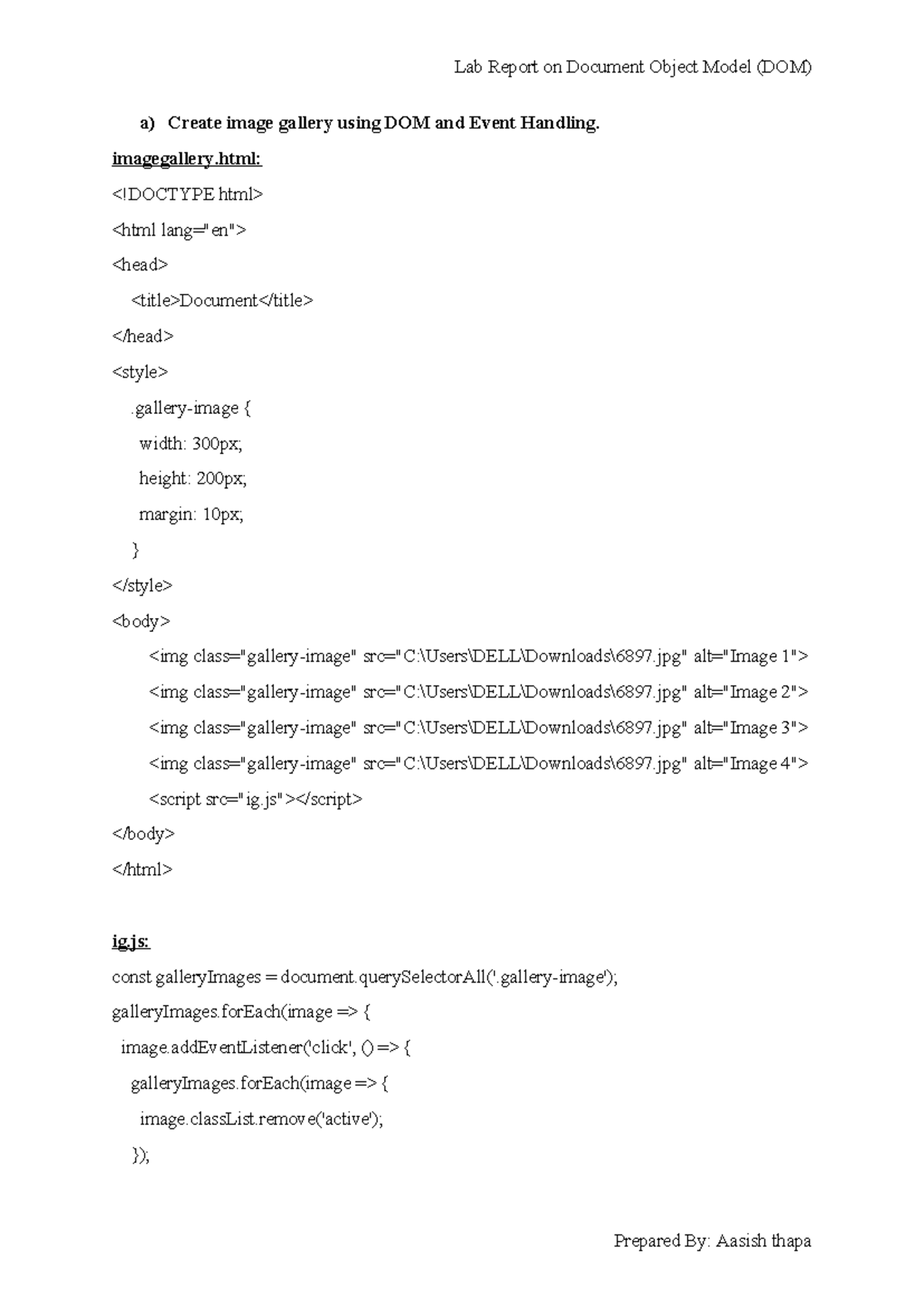 JS Lab 2 - Notes - a) Create image gallery using DOM and Event Handling ...