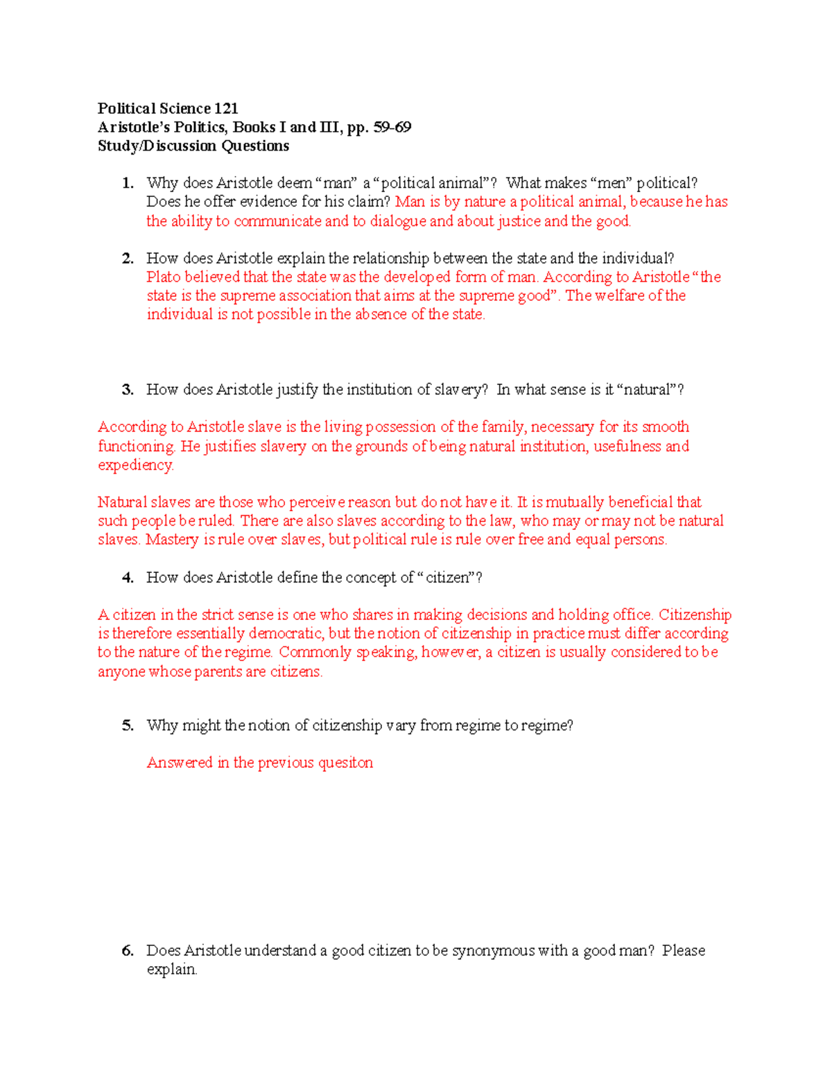 Aristotles Politics study questions book 1 and 3 - Political Science ...