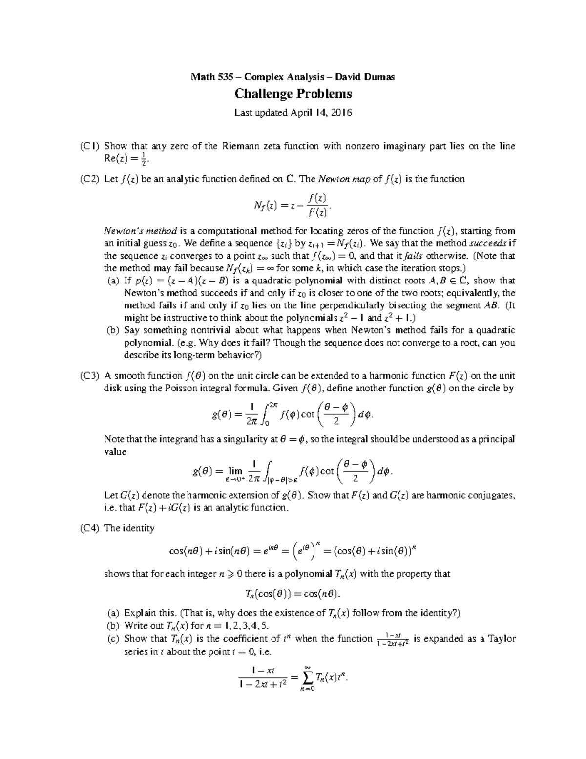 Math 535 - Challenge Problems - Math 535 Complex Analysis David Dumas ...