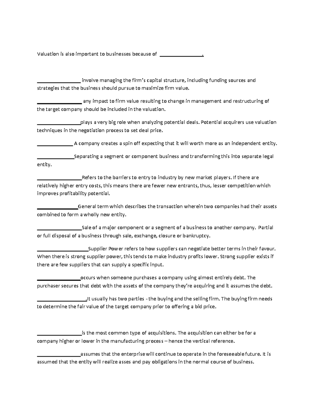 Valuation test - notes - Valuation is also important to businesses ...