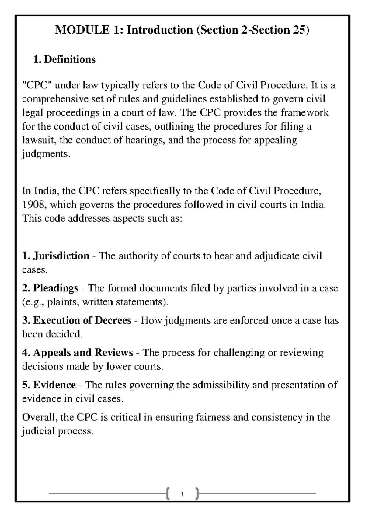Module 1 CPC - MODULE 1: Introduction (Section 2-Section 25) Definitions "CPC" under law - Studocu