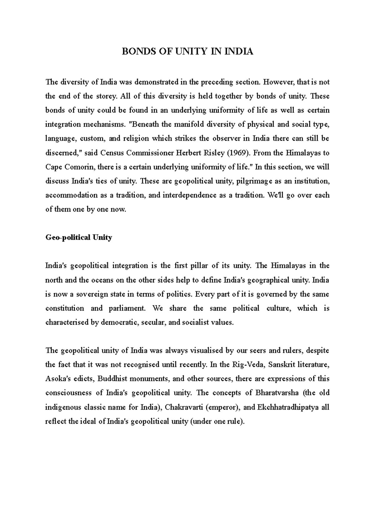 Bonds OF Unity IN India - Lecture notes 3 - BONDS OF UNITY IN INDIA The ...