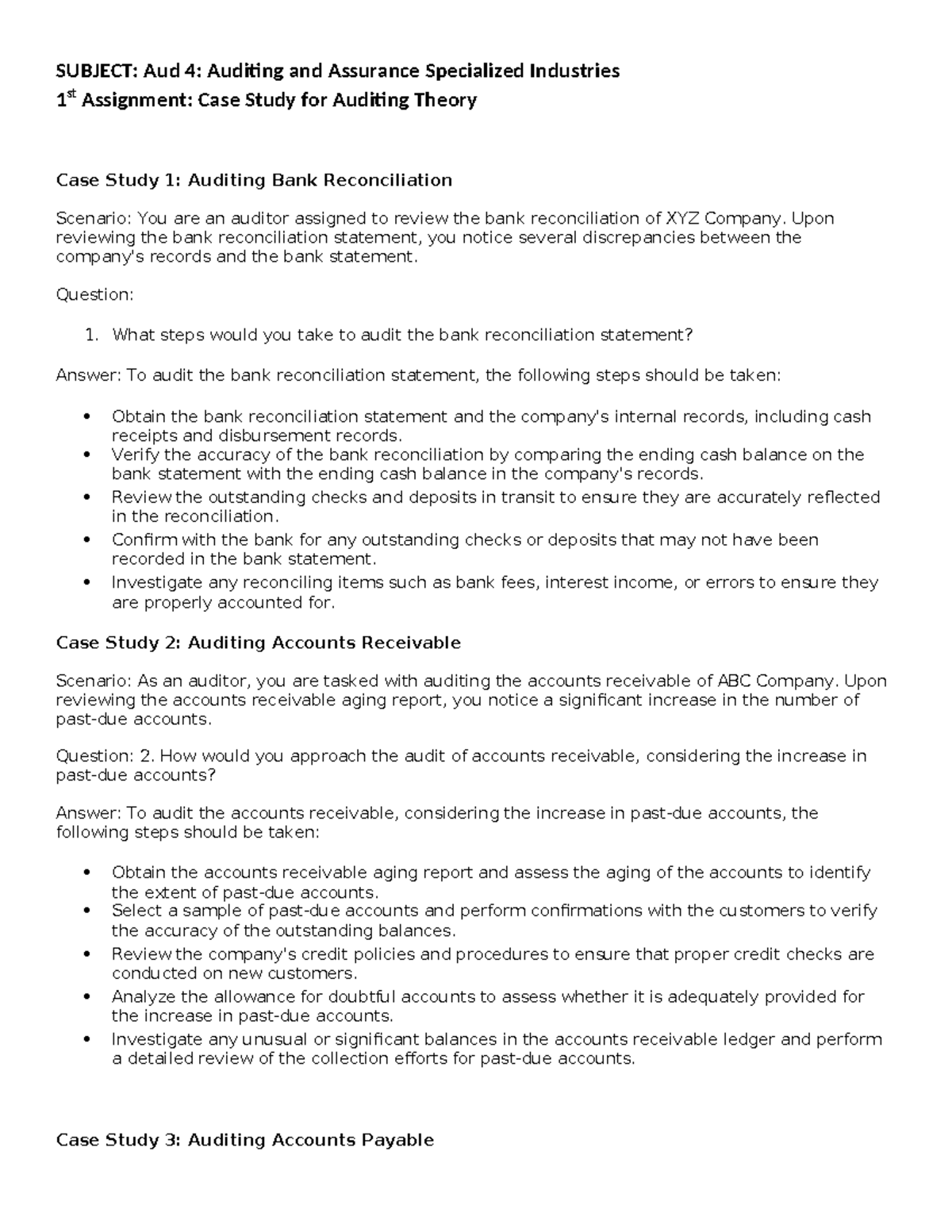 1st CASE Study Assignment 01 - SUBJECT: Aud 4: Auditing and Assurance ...