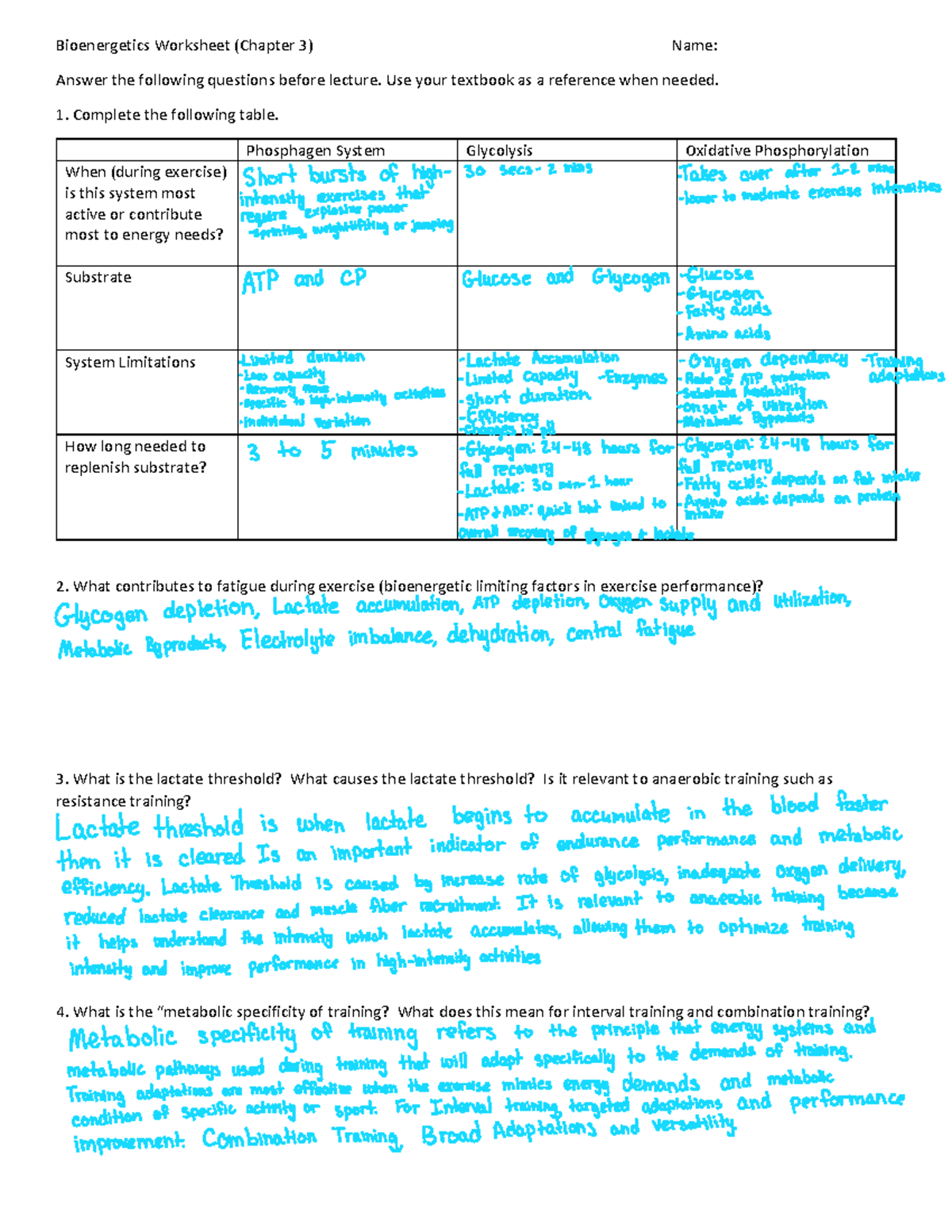 Bioenergetics Worksheet - Use your textbook as a reference when needed ...