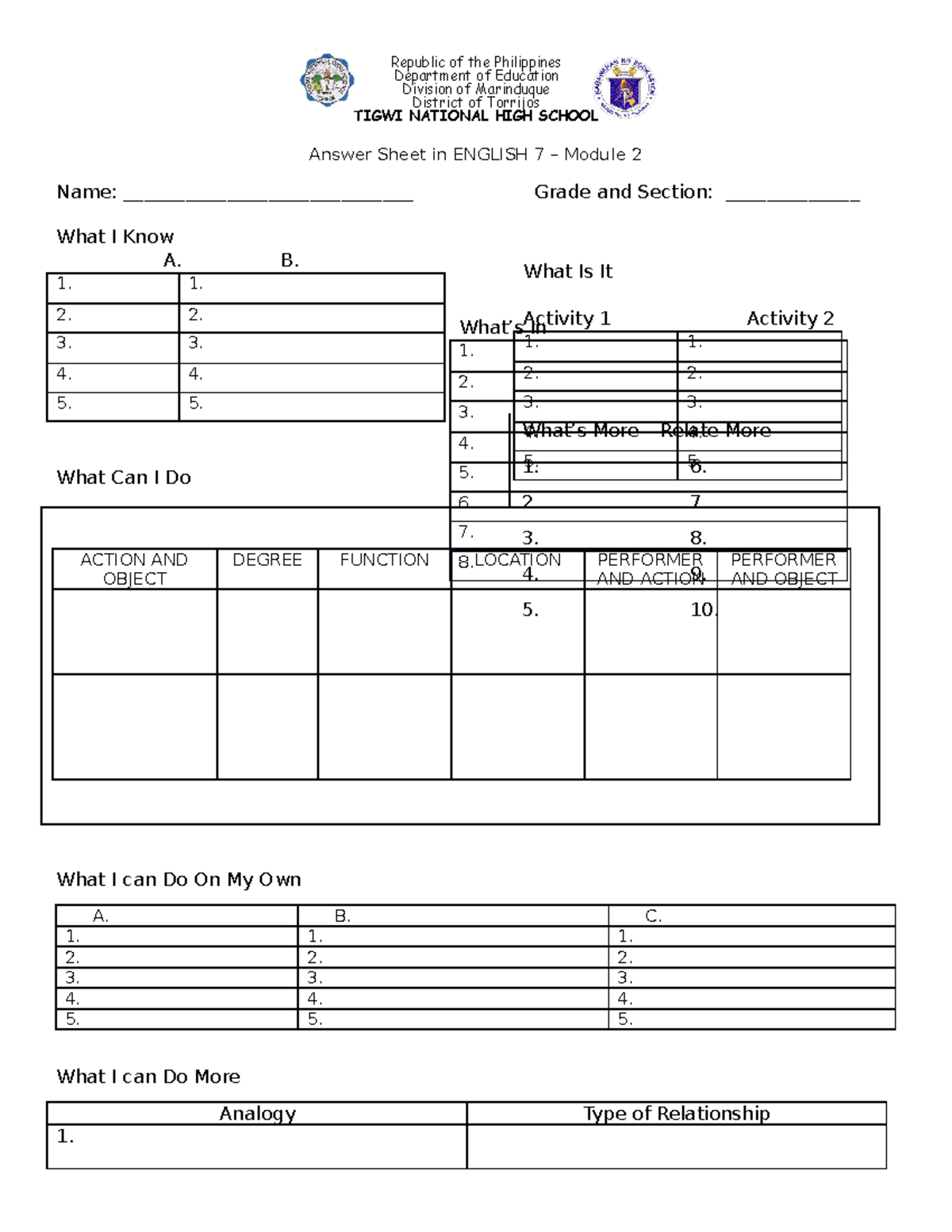 Answer Sheet IN English - 2 - Republic of the PhilippinesDepartment of ...