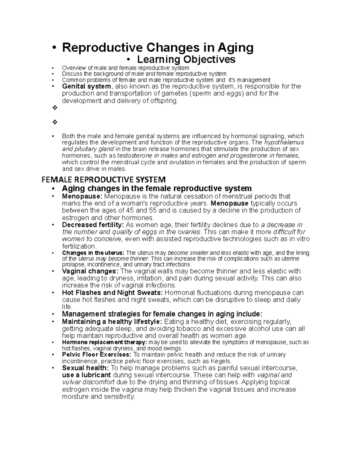 Reproductive-sytem-notes - • Reproductive Changes in Aging • Learning ...