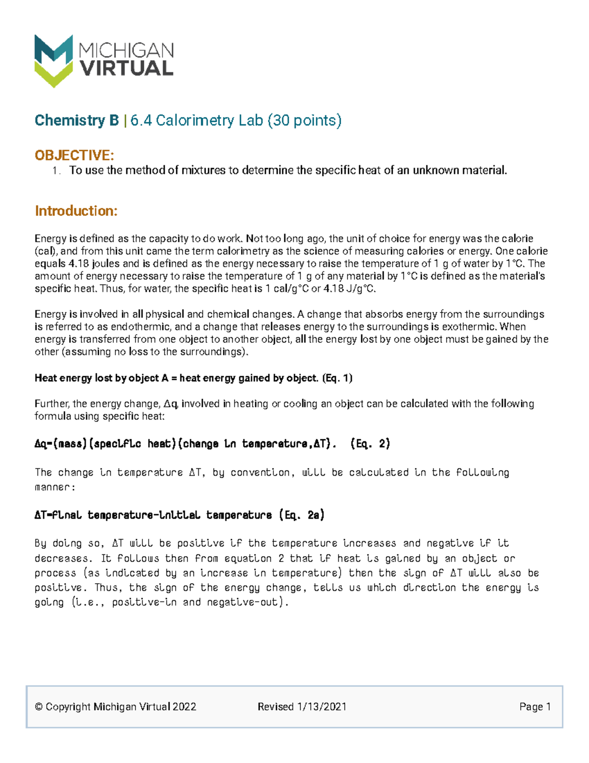 6.4 Lab Calorimetry Lab - Chemistry B | 6 Calorimetry Lab (30 points ...