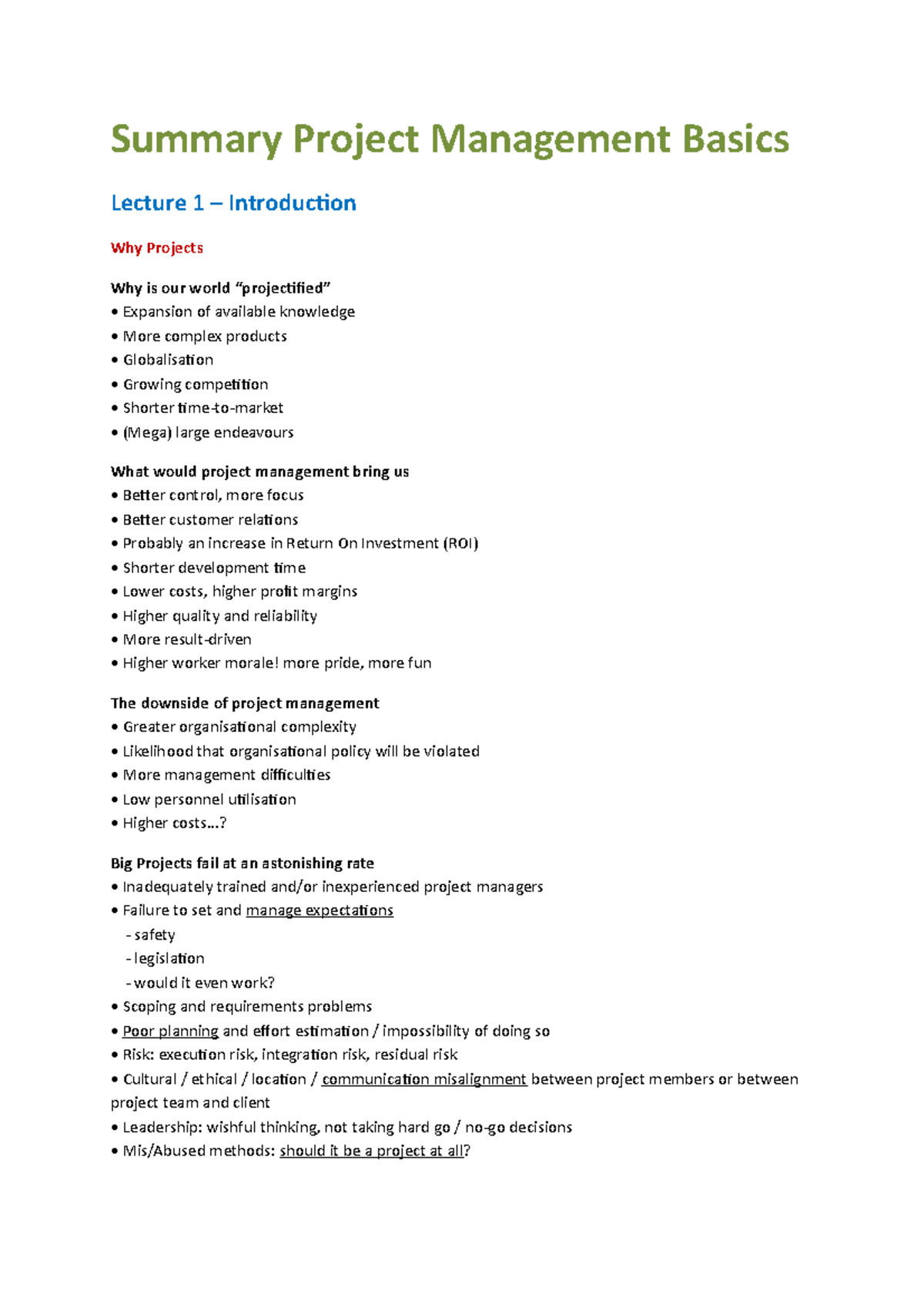 Project Management Basics Summary Summary Project Management Basics Lecture 1 Introduction Why