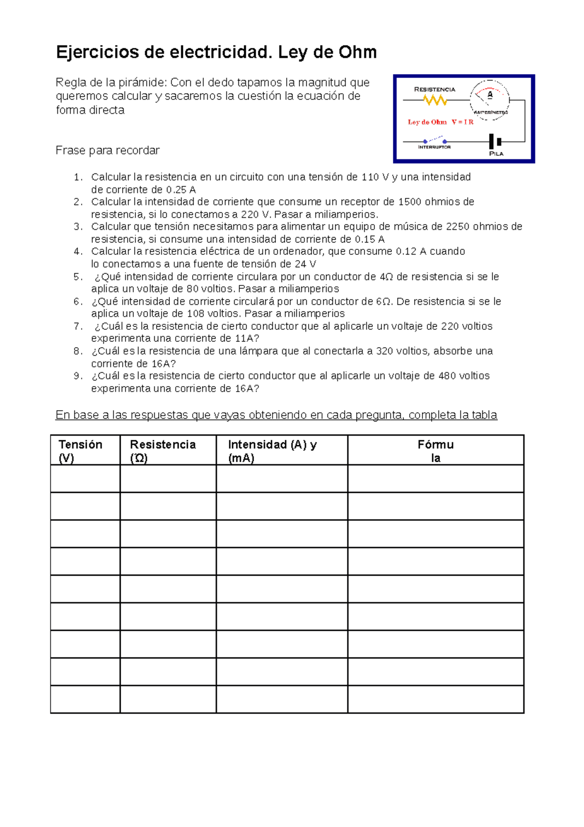 Ejercicios-ley-ohm word - Ejercicios de electricidad. Ley de Ohm Regla ...