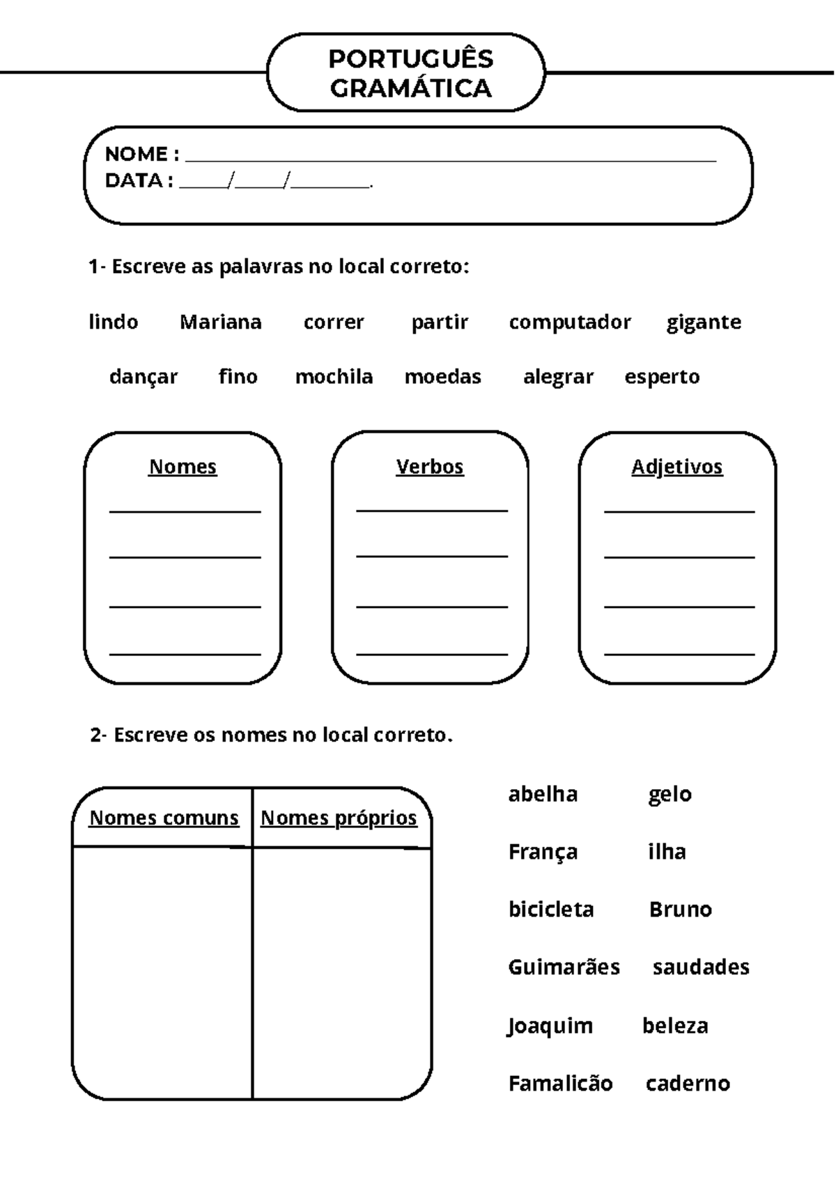 Gram tica Nomes adjetivos e verbos - PORTUGUÊS GRAMÁTICA NOME : - Studocu