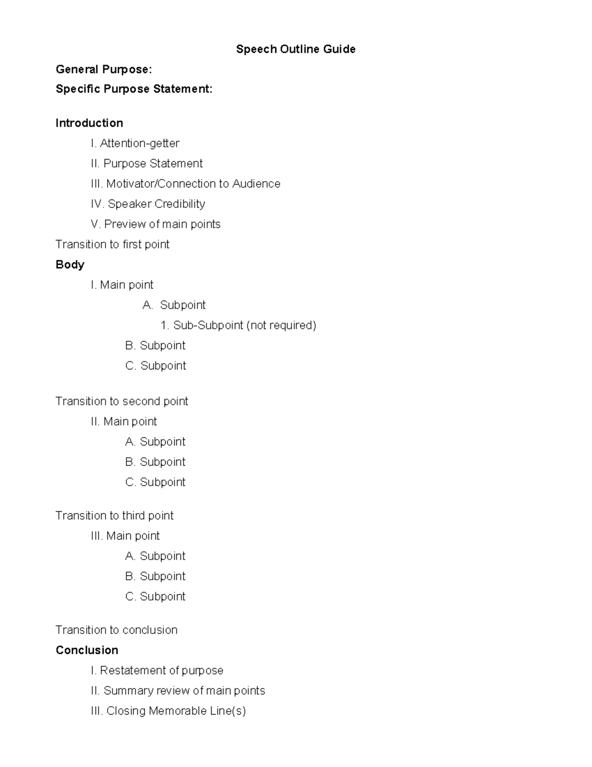Speech Outline Template - Speech Outline Guide General Purpose ...