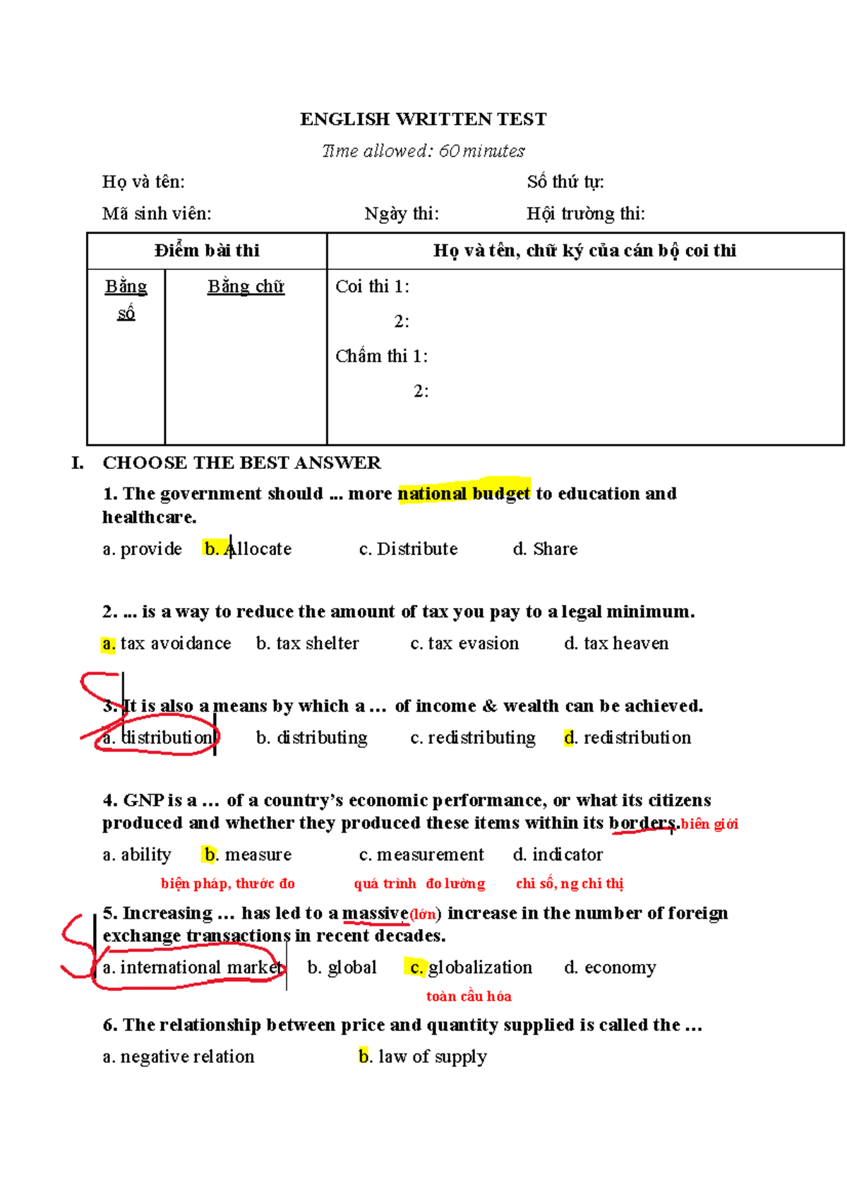 đề 1 - tacn1 - ENGLISH WRITTEN TEST Time allowed: 60 minutes Họ và tên ...