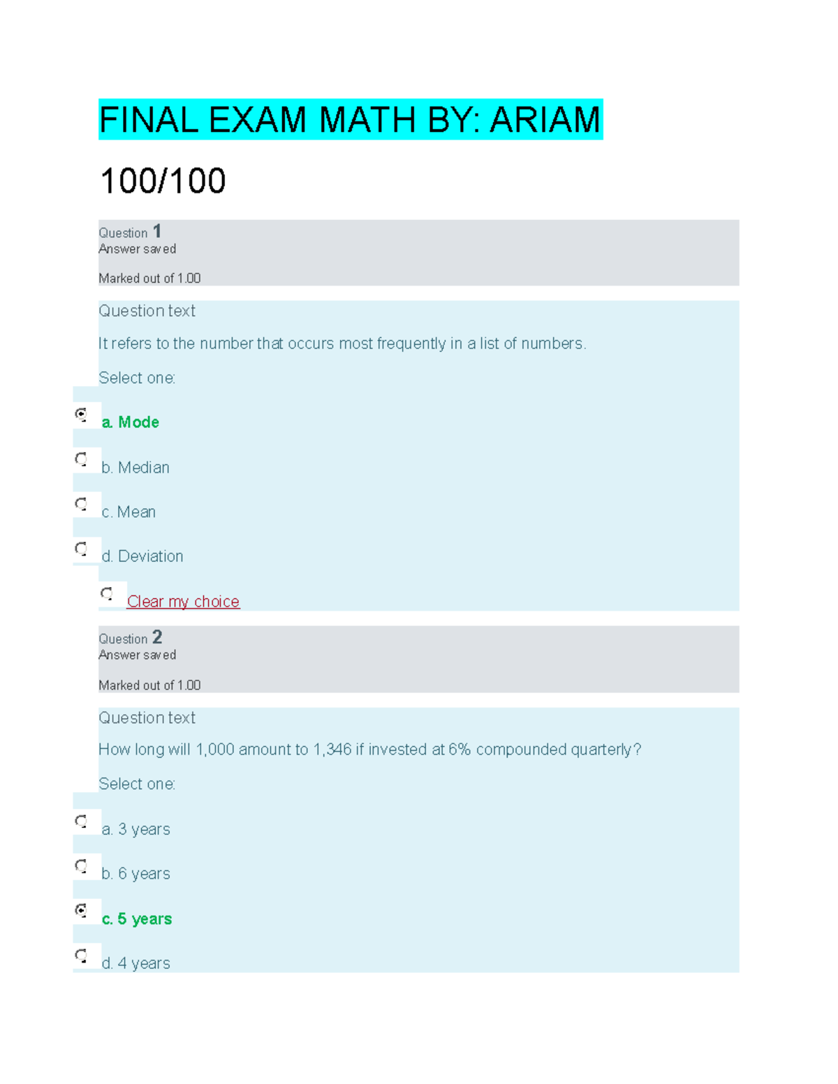 Final EXAM in MATHematics - FINAL EXAM MATH BY: ARIAM 100/ Question ...
