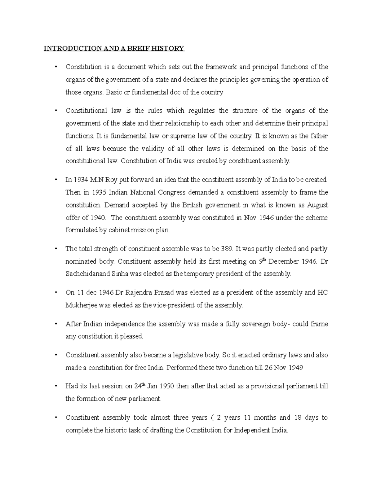 Constitution notes-1 - INTRODUCTION AND A BREIF HISTORY Constitution is ...