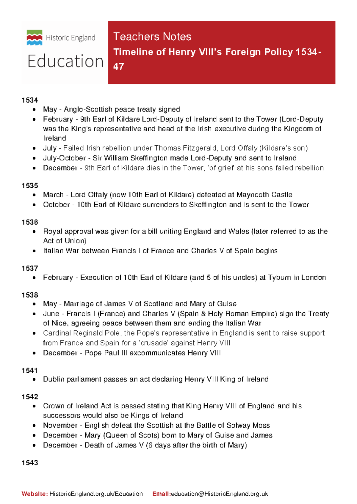 Teachers' Notes Timeline of Henry VIII - Foreign Policy 1534-47 ...