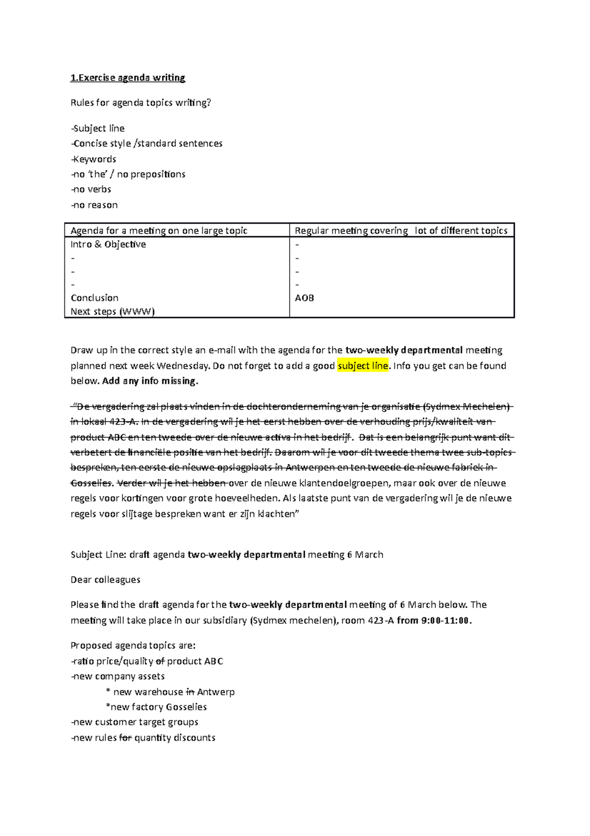 Exercise agenda writing Grammar Solution - 1 agenda writing Rules for ...