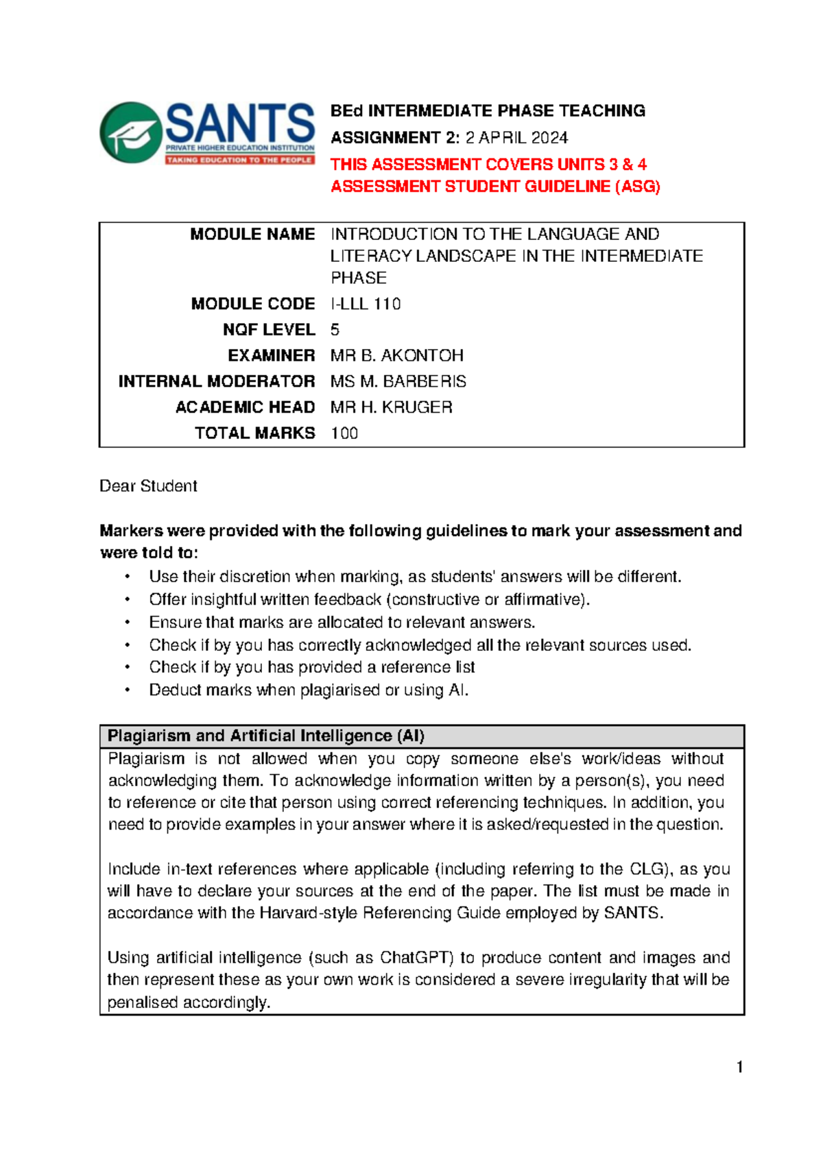 Academical literacy 1 - BEd INTERMEDIATE PHASE TEACHING ASSIGNMENT 2: 2 ...