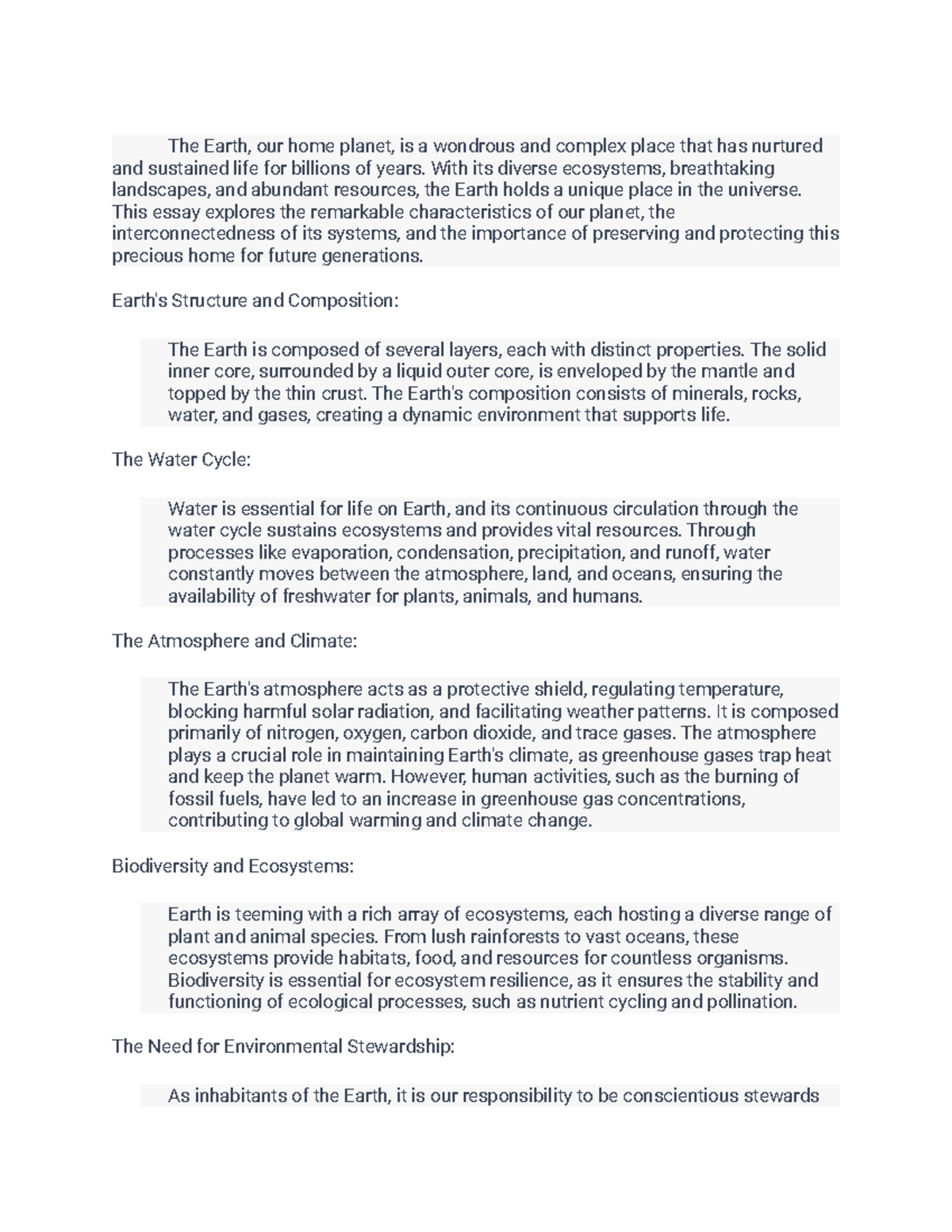 The earth essay - The Earth, our home planet, is a wondrous and complex ...