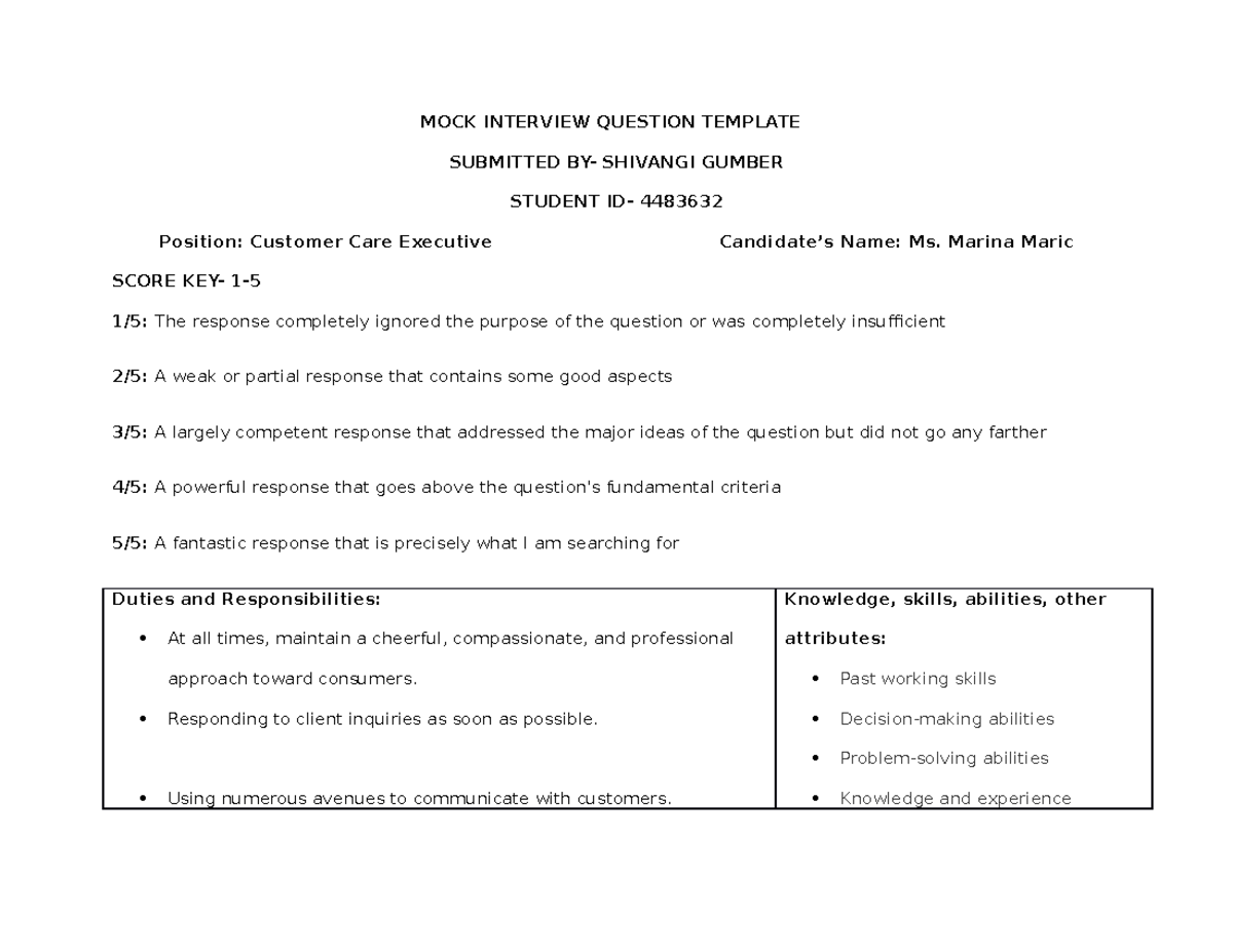 Mock interview question template Shivangi Gumber - MOCK INTERVIEW ...