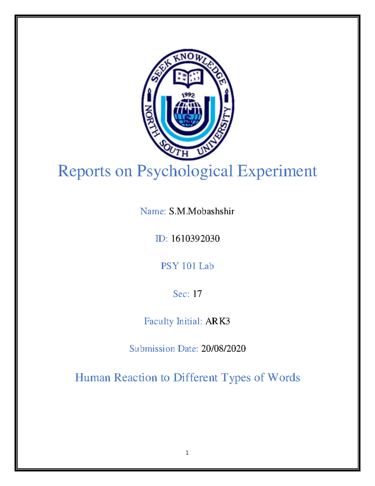 Psychology 101 Lab Exp-1 final 2020 ARK - $$ - Reports on Psychological ...