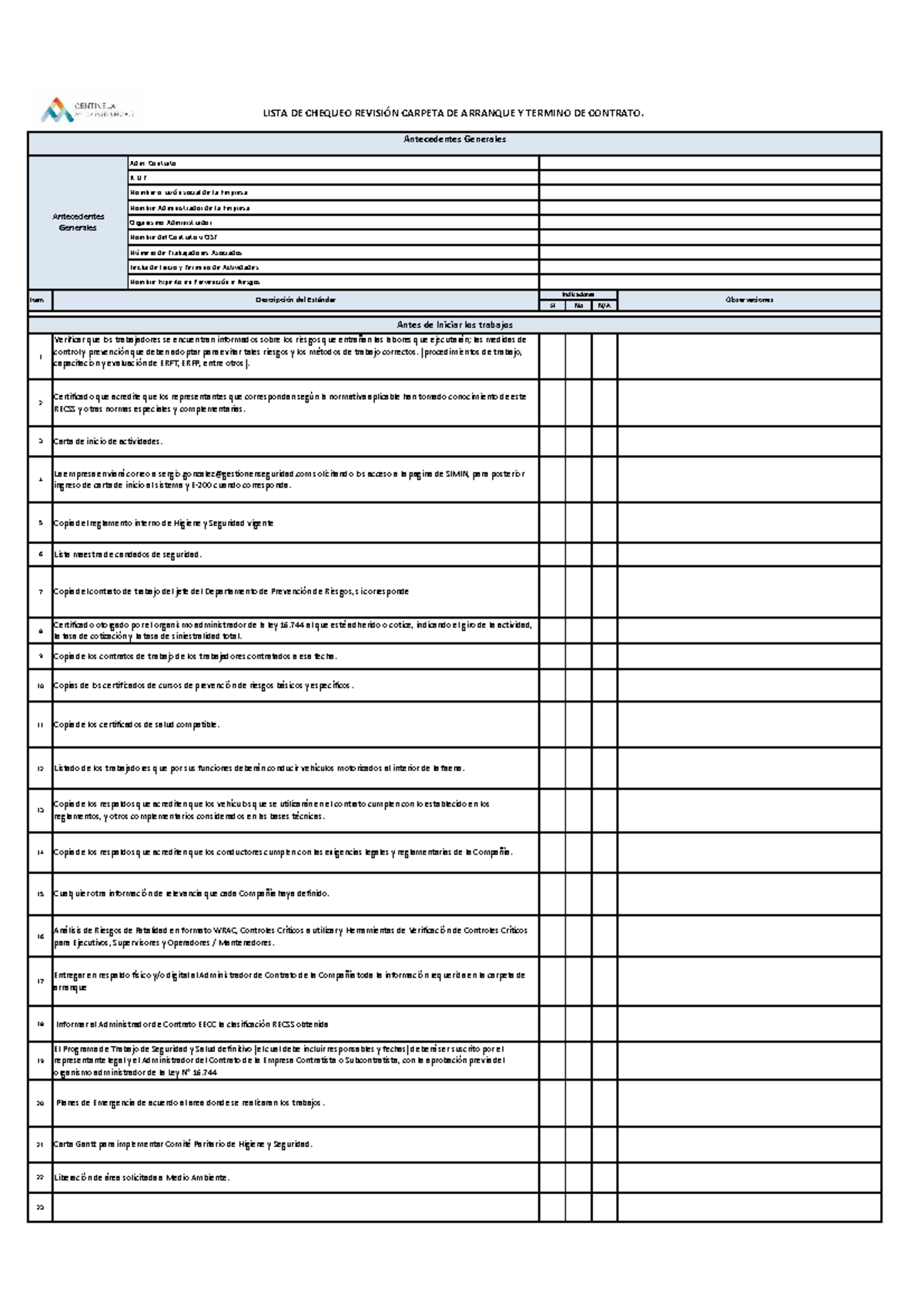 Check list carpeta de arranque - Adm. Contrato: R.U.: Nombre o razón ...