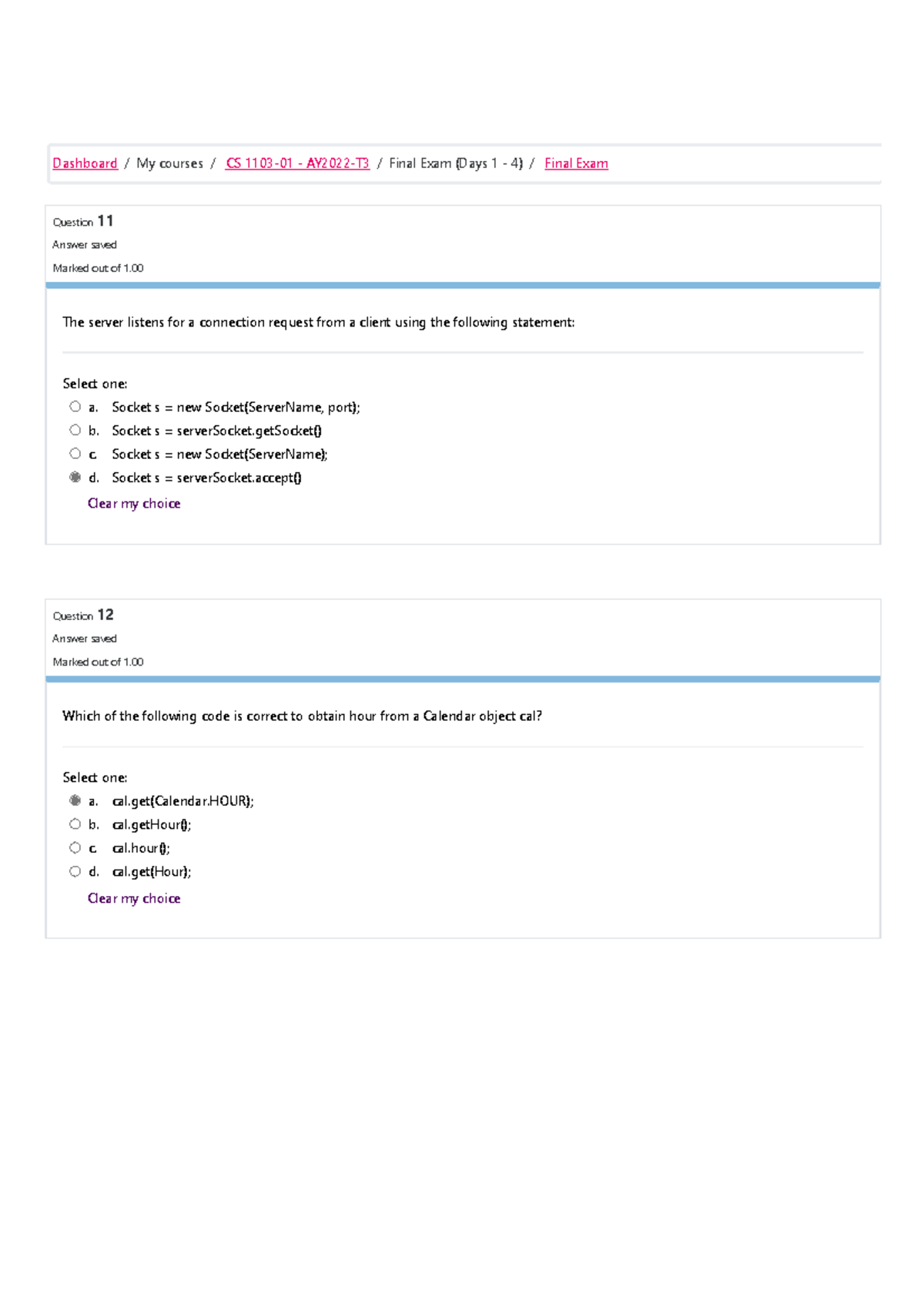 Final Exam2 (page 2 of 3) - Question 11 Answer saved Marked out of 1. Question 12 Answer saved ...