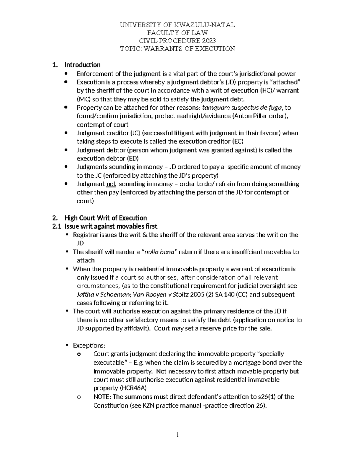 21 - Warrants of Execution 2023 - FACULTY OF LAW CIVIL PROCEDURE 2023 ...