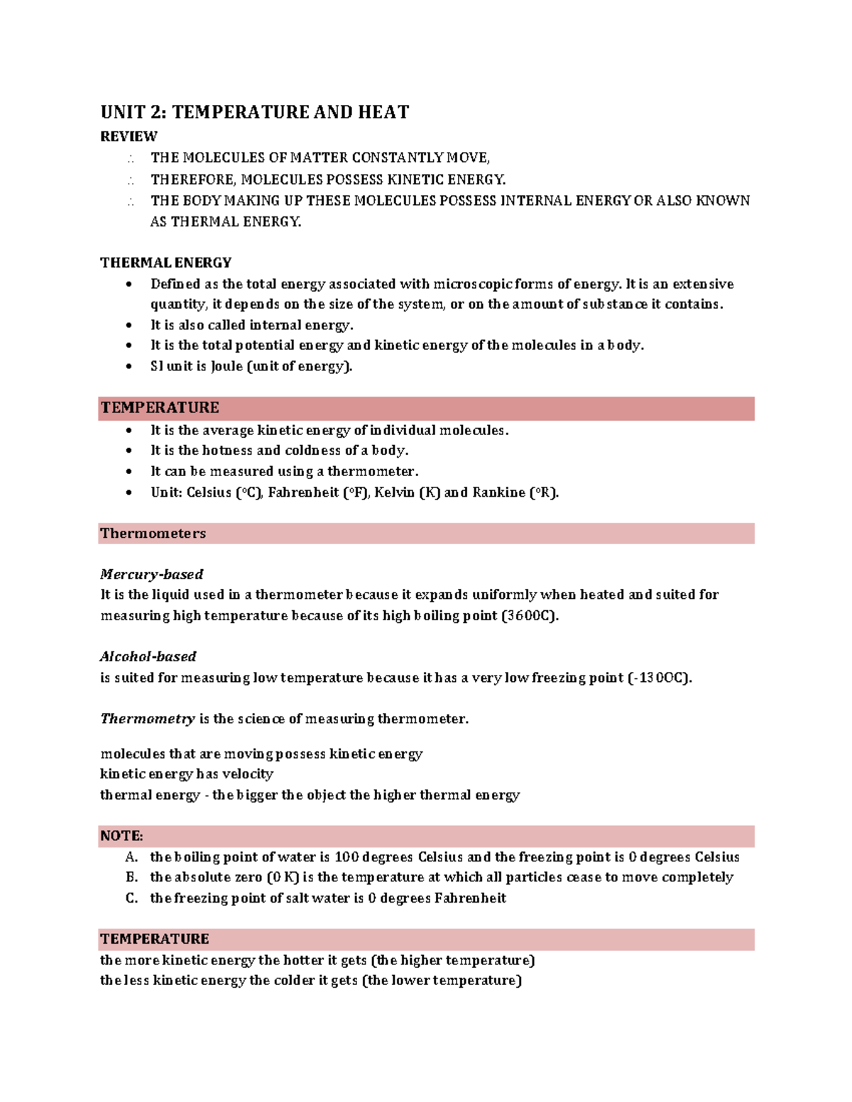 U2 Temperature and Heat - UNIT 2: TEMPERATURE AND HEAT REVIEW THE ...