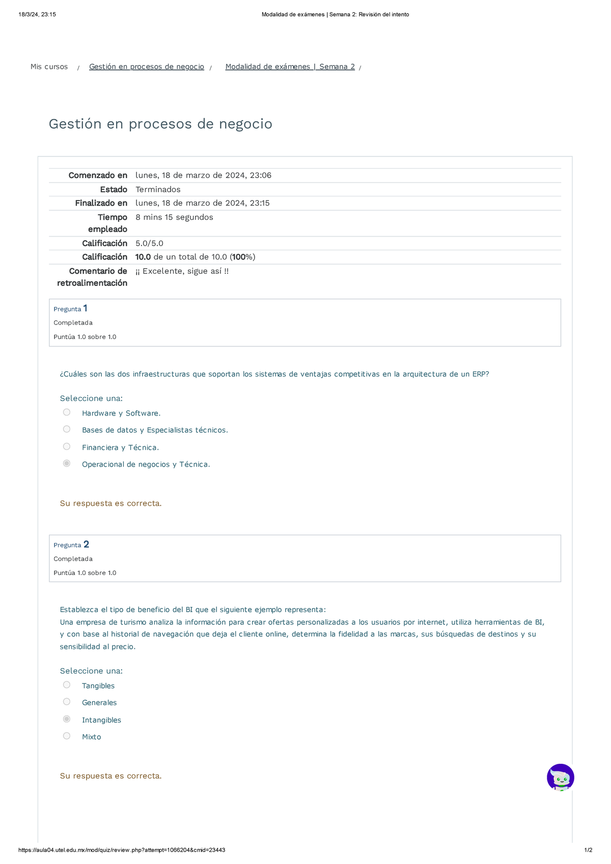 Modalidad de exámenes Semana 2 Revisión del intento Gestión en Procesos de Negocios - 18/3/24 ...