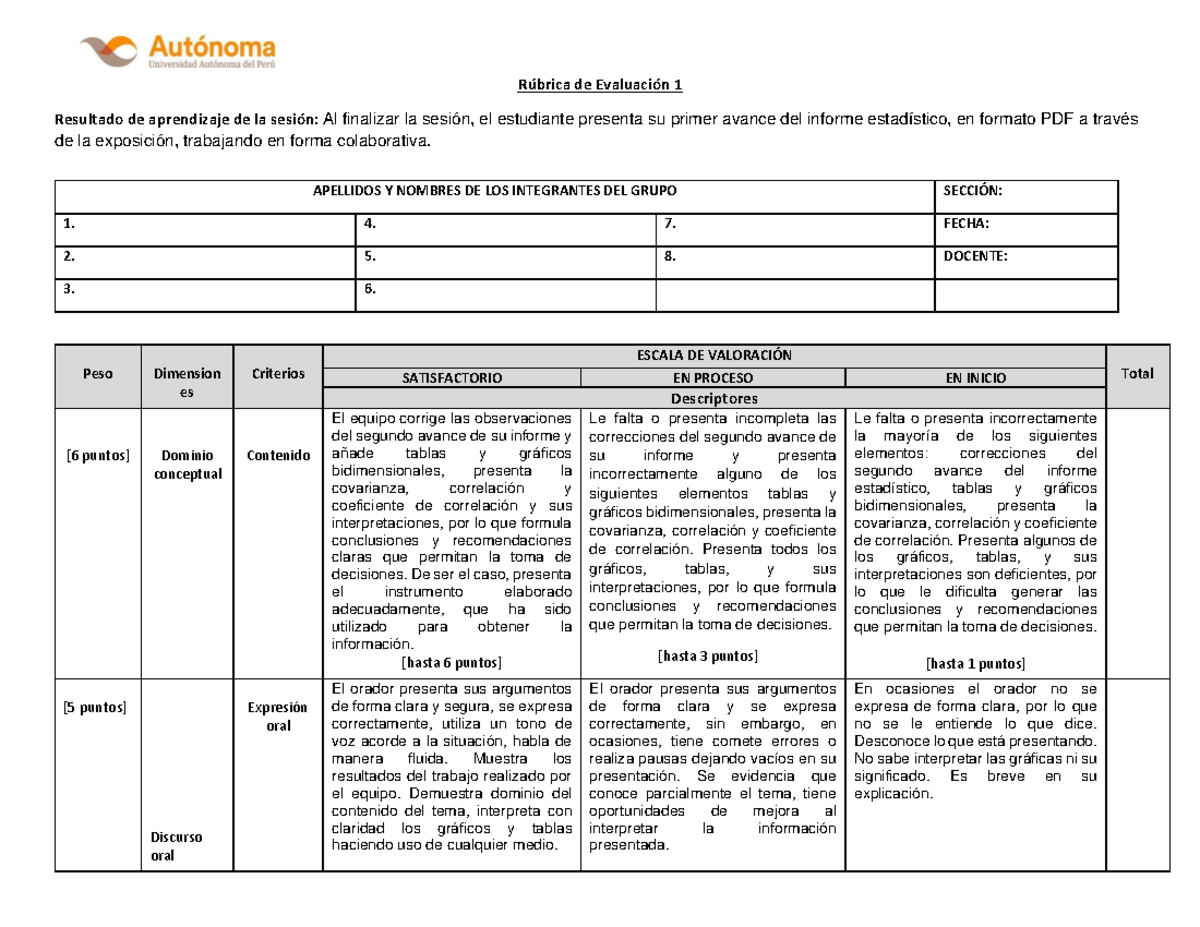 08-13-2022 125419256 Rubricae 2 - Rúbrica de Evaluación 1 Resultado de ...