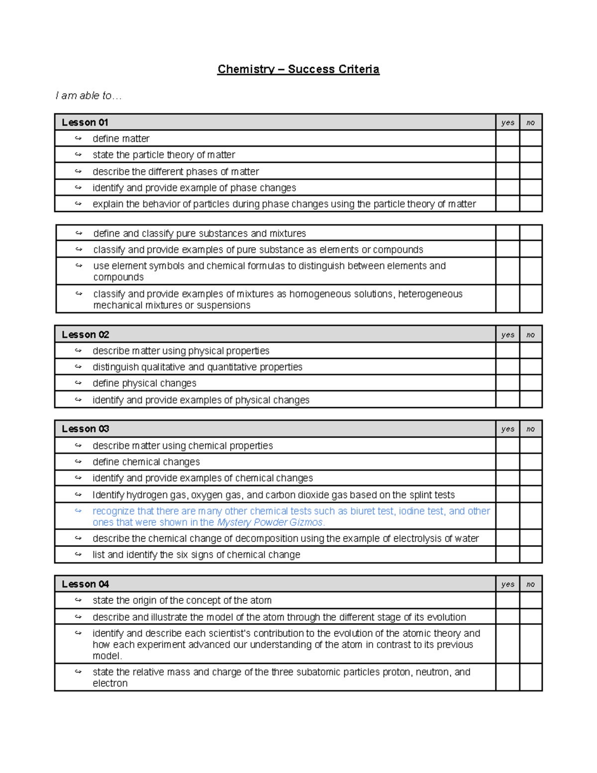 SNC1W Review for Chemistry Unit Test - Chemistry – Success Criteria I ...