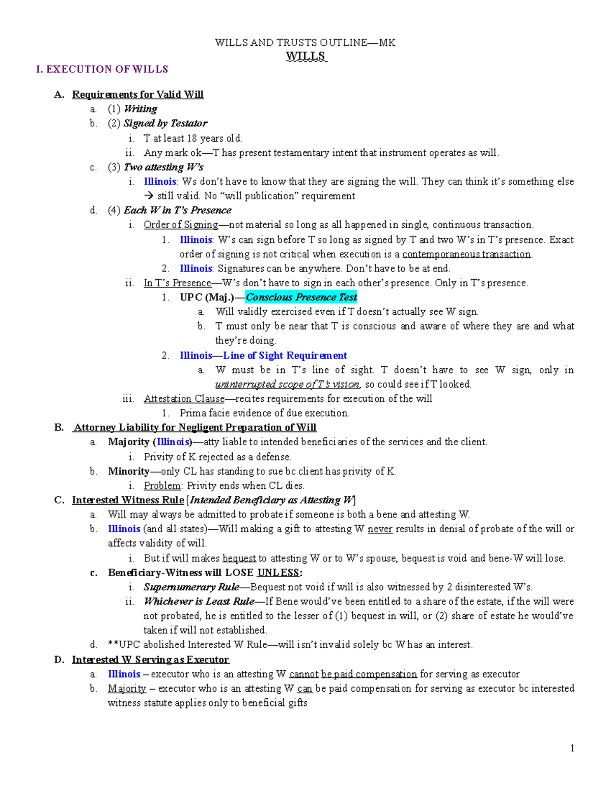 Wills and Trusts Outline - WILLS I. EXECUTION OF WILLS A. Requirements ...