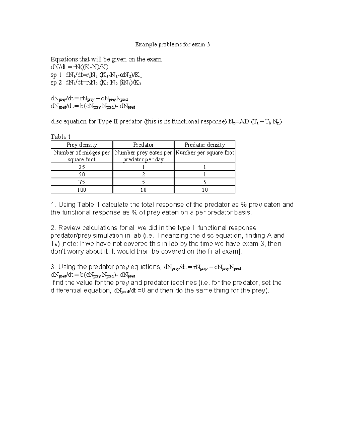 Exam 3 problem set most recent - Example problems for exam 3 Equations ...