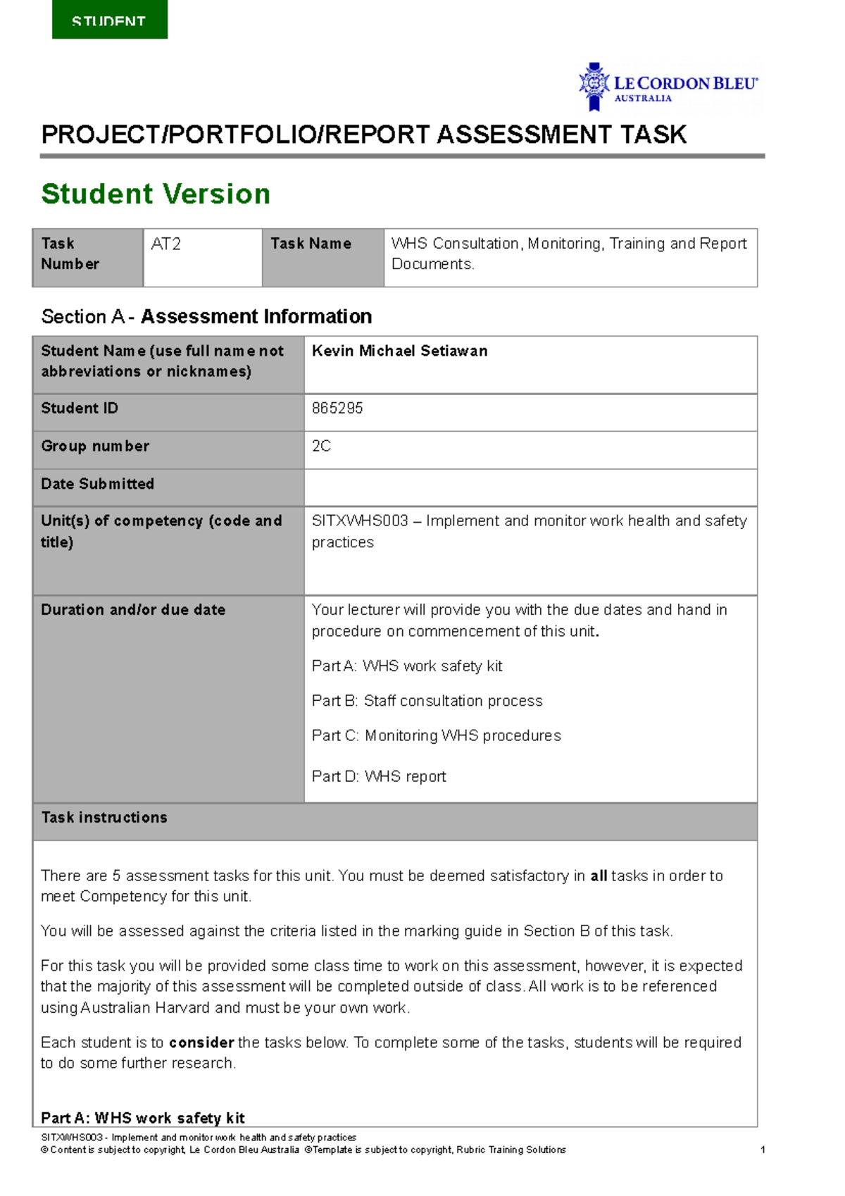 Sitxwhs 003 Implement and monitor work health and safety practices AT2 ...