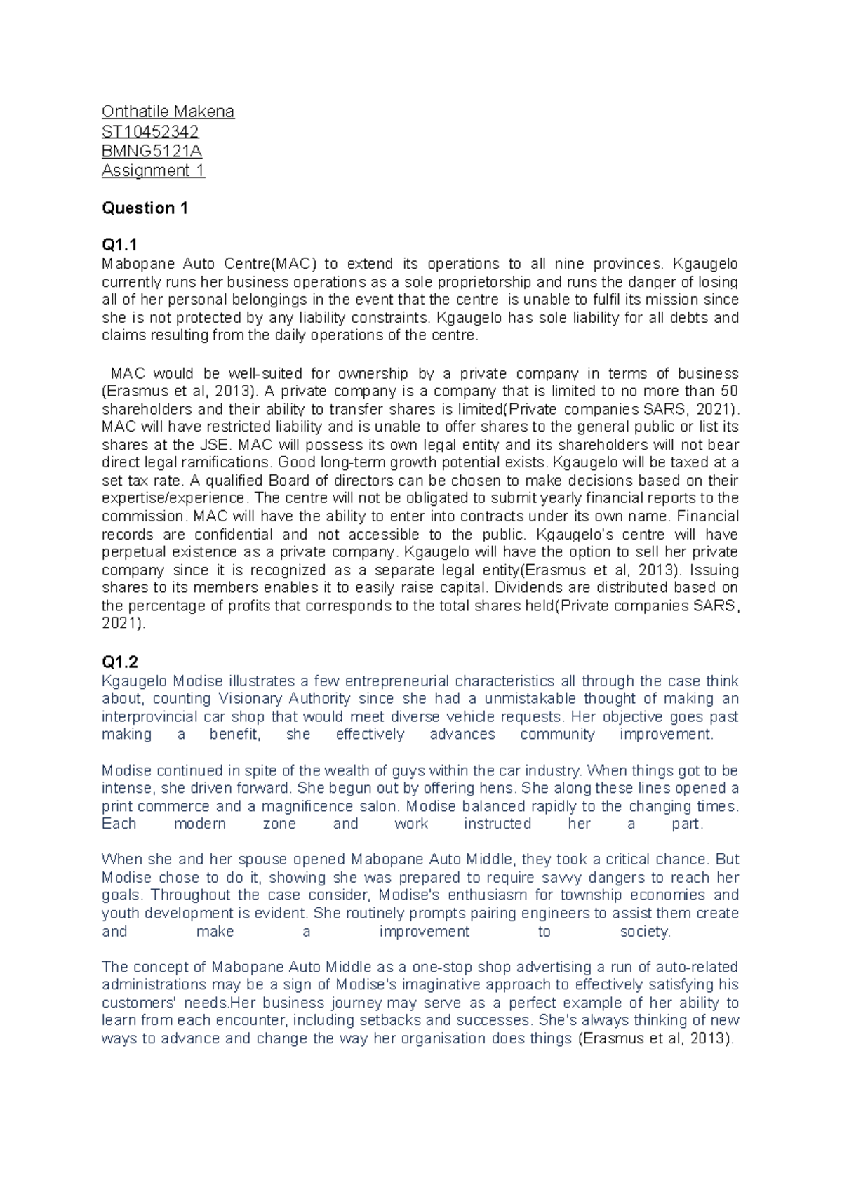 ASS 1 BMNG - Work from home - Onthatile Makena ST BMNG5121A Assignment 1 Question 1 Q1. Mabopane ...