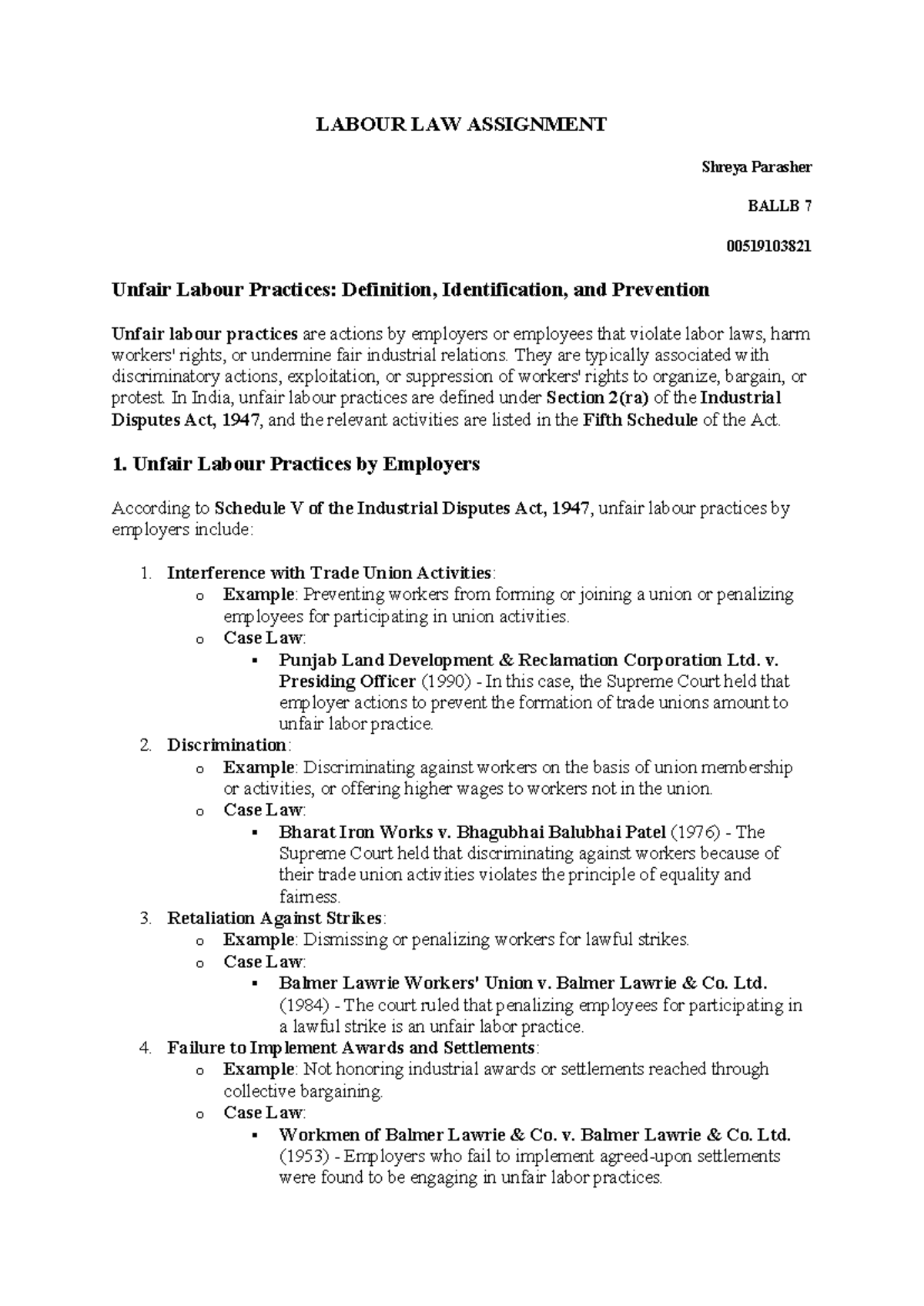 Labour LAW Assignment - LABOUR LAW ASSIGNMENT Shreya Parasher BALLB 7 ...