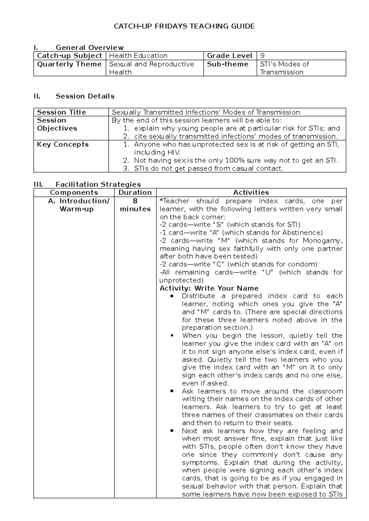 Catch-Up Fridays-Health-TG - I. General Overview Catch-up Subject ...