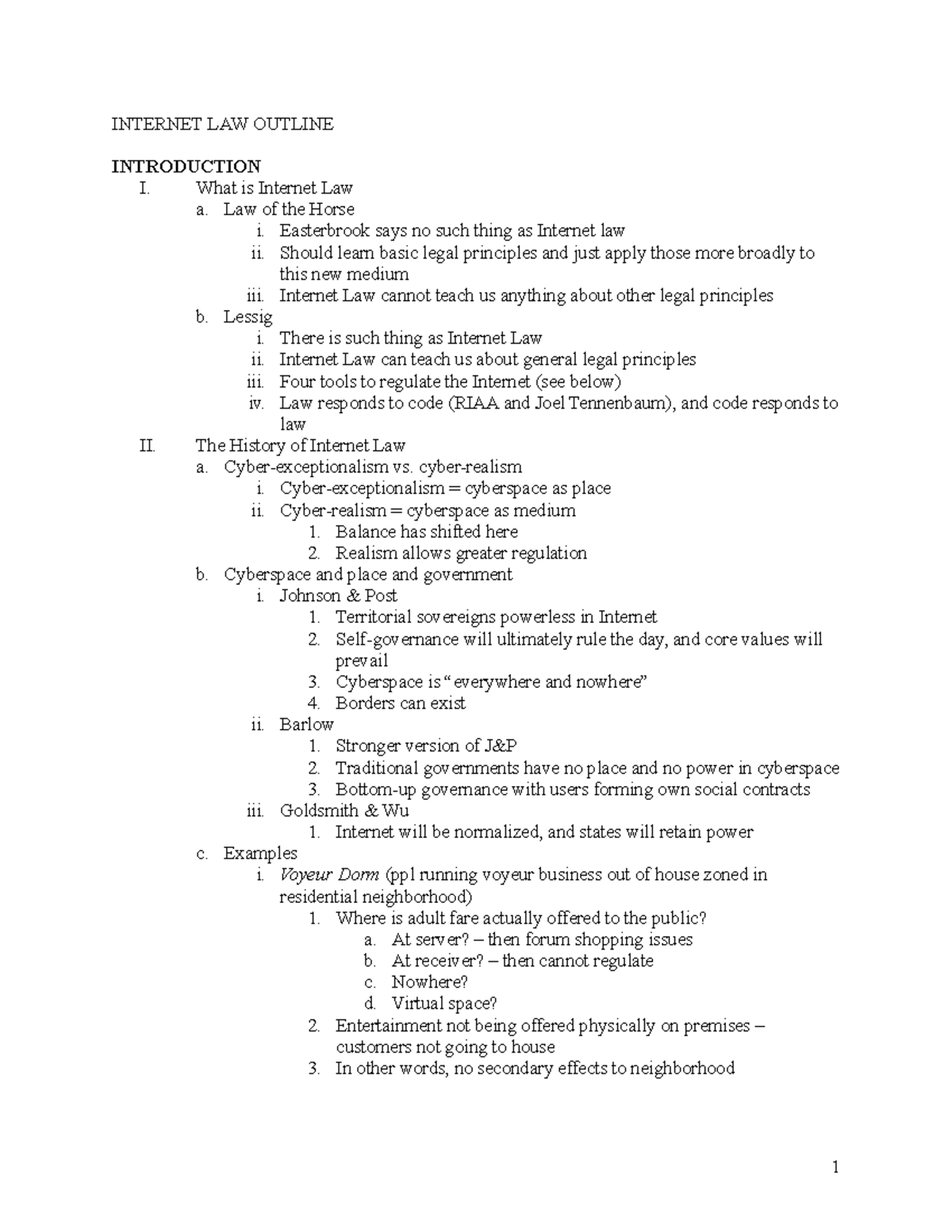 Internet LAW Outline Bambauer - INTERNET LAW OUTLINE INTRODUCTION I ...