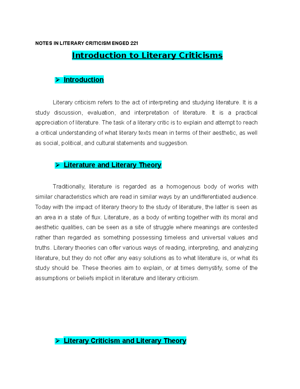 Enged 221 Introduction to Literary Criticisms - NOTES IN LITERARY ...
