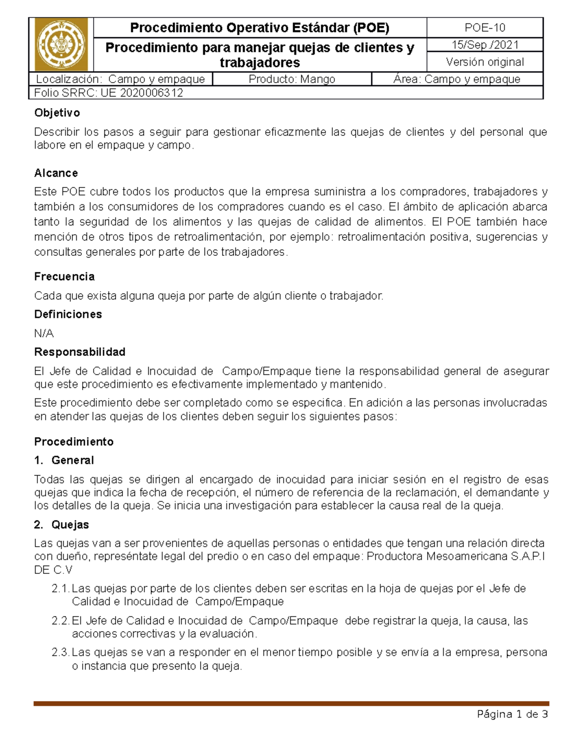 POE.10. Procedimiento PARA Manejar Quejas DE Clientes Y Trabajadores ...