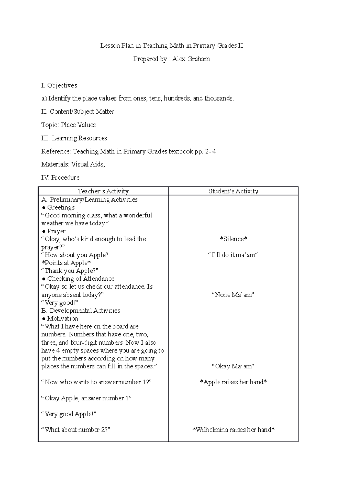 Lesson Plan In Teaching Math In Primary Grades II Objectives A