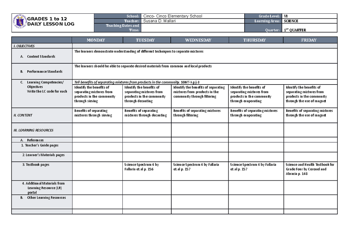 DLL Science-6 Q1 Week5 - PRACTICE MATERIALS - GRADES 1 to 12 DAILY ...