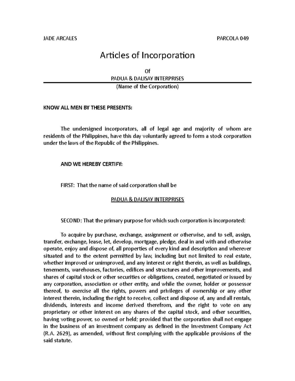 Parcola - Bachelor of Science in Accountancy - JADE ARCALES PARCOLA 049 ...