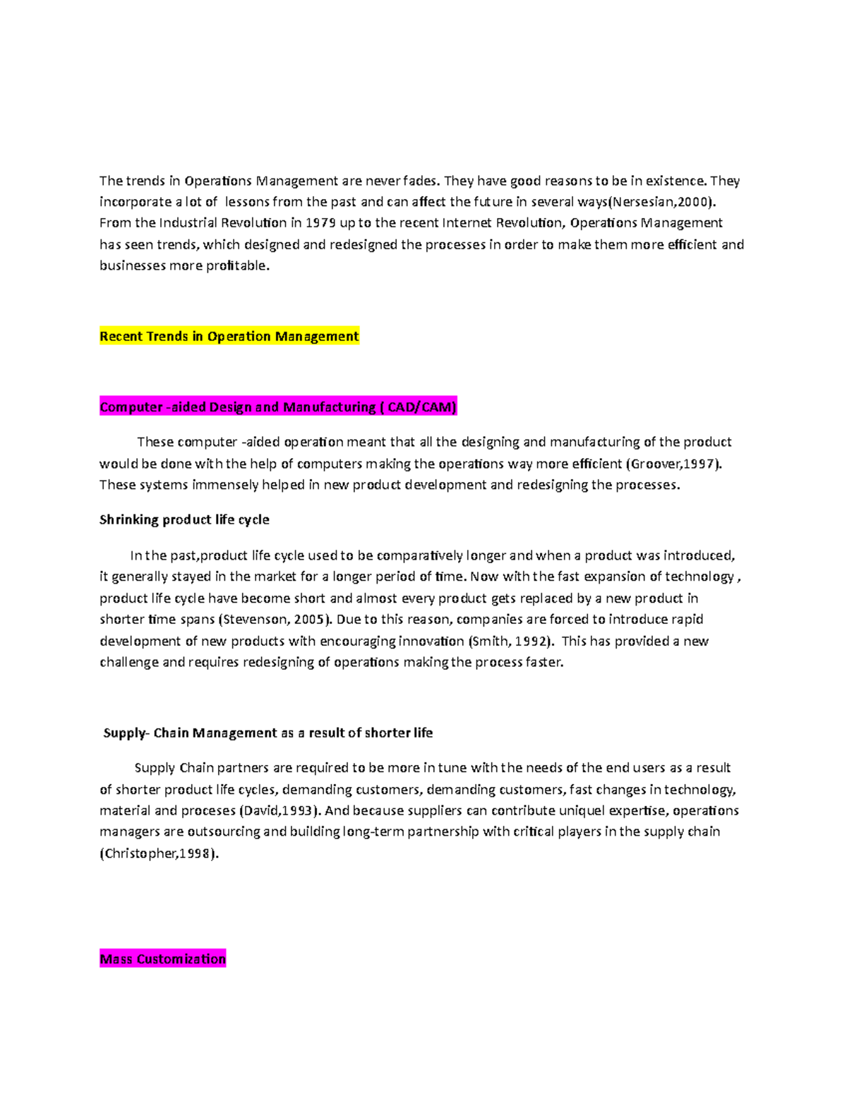 Opm-Project - Lecture notes 5 - The trends in Operations Management are ...