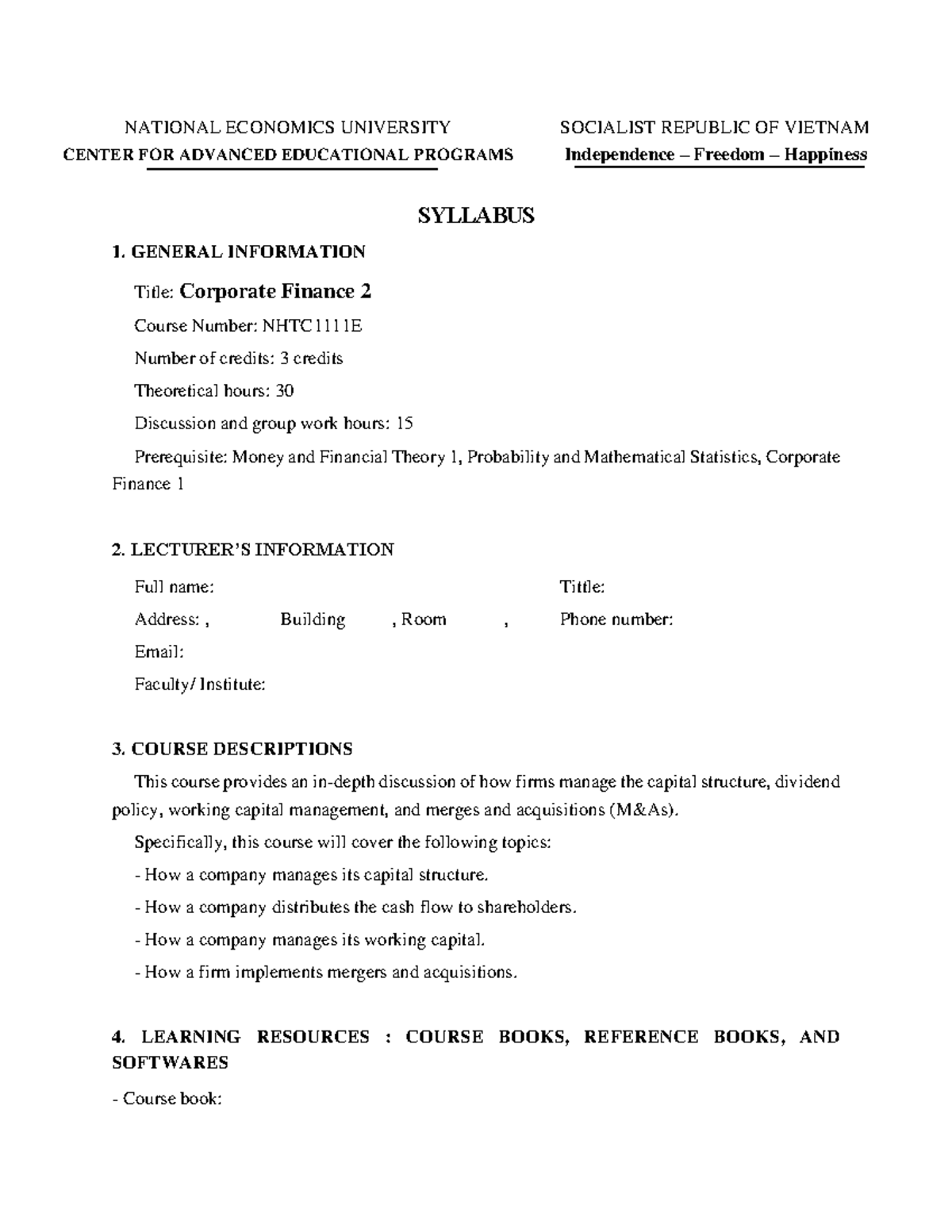 2021 Syllabus Corporate Finance 2- Mr Hoang - NATIONAL ECONOMICS ...