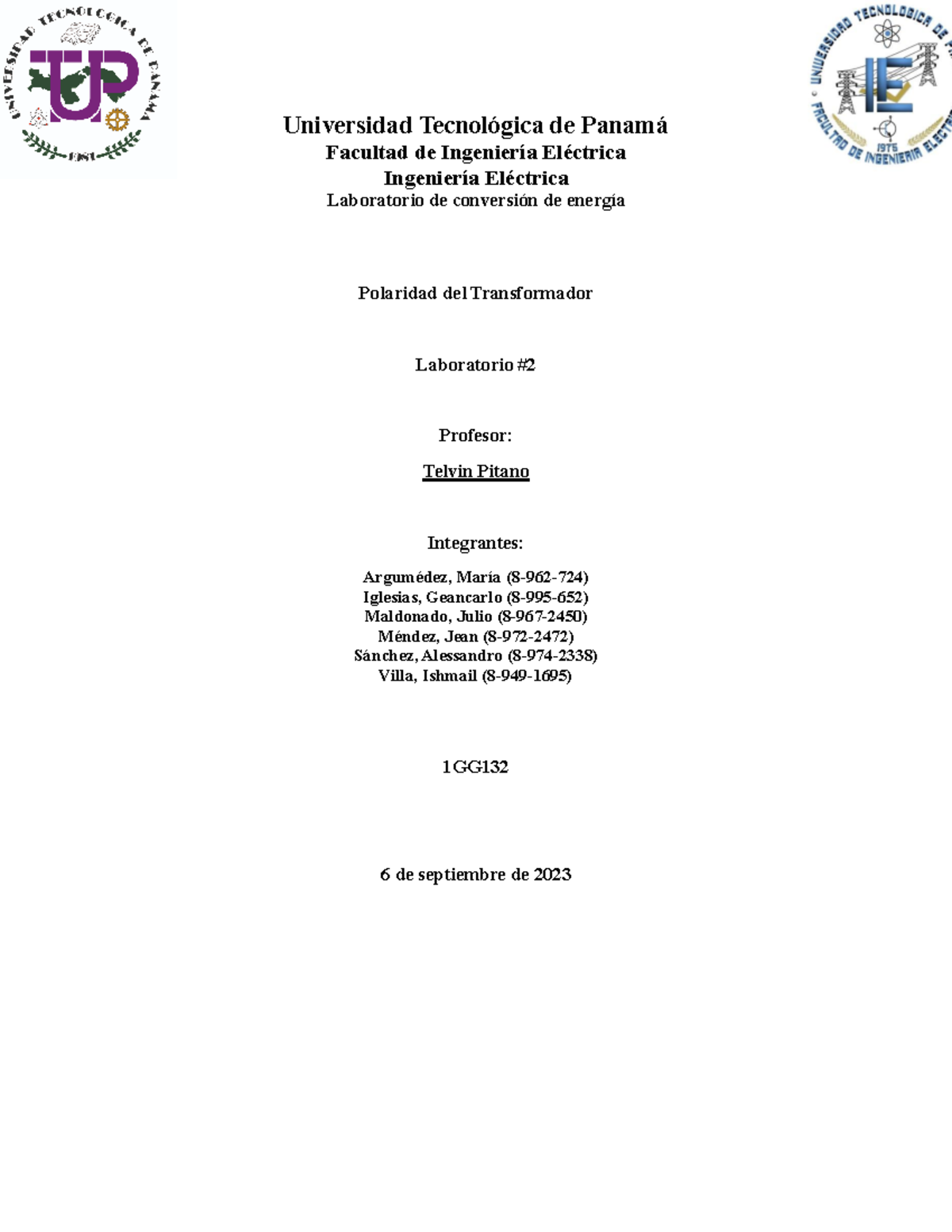 Laboratorio #2 - Polaridad del transformador - Universidad Tecnológica de Panamá Facultad de ...