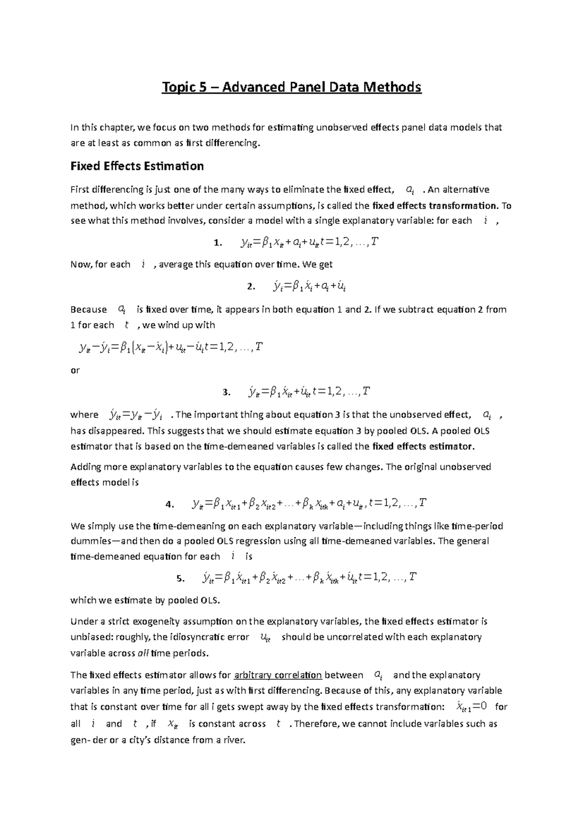 Topic 5 - Advanced Panel Data Methods - Topic 5 – Advanced Panel Data Methods In this chapter ...