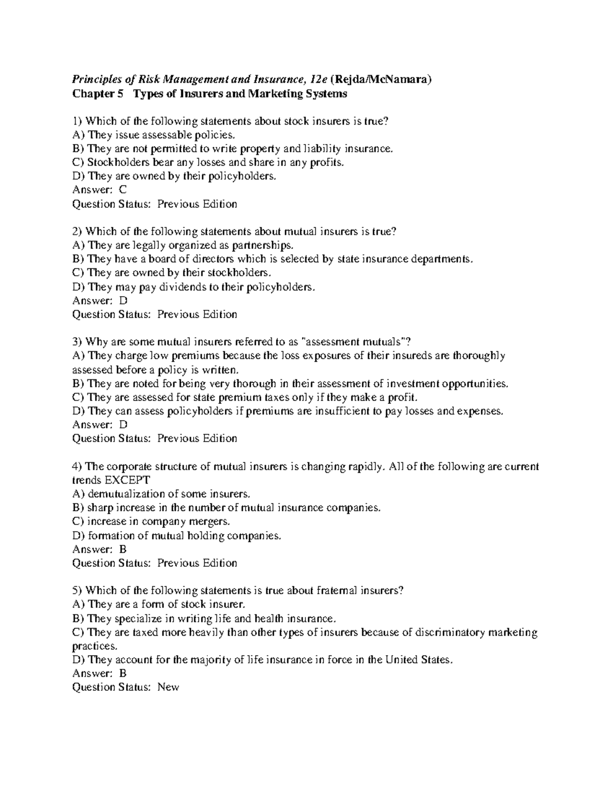 Study Questions and Answers（Ch5) - Principles of Risk Management and ...