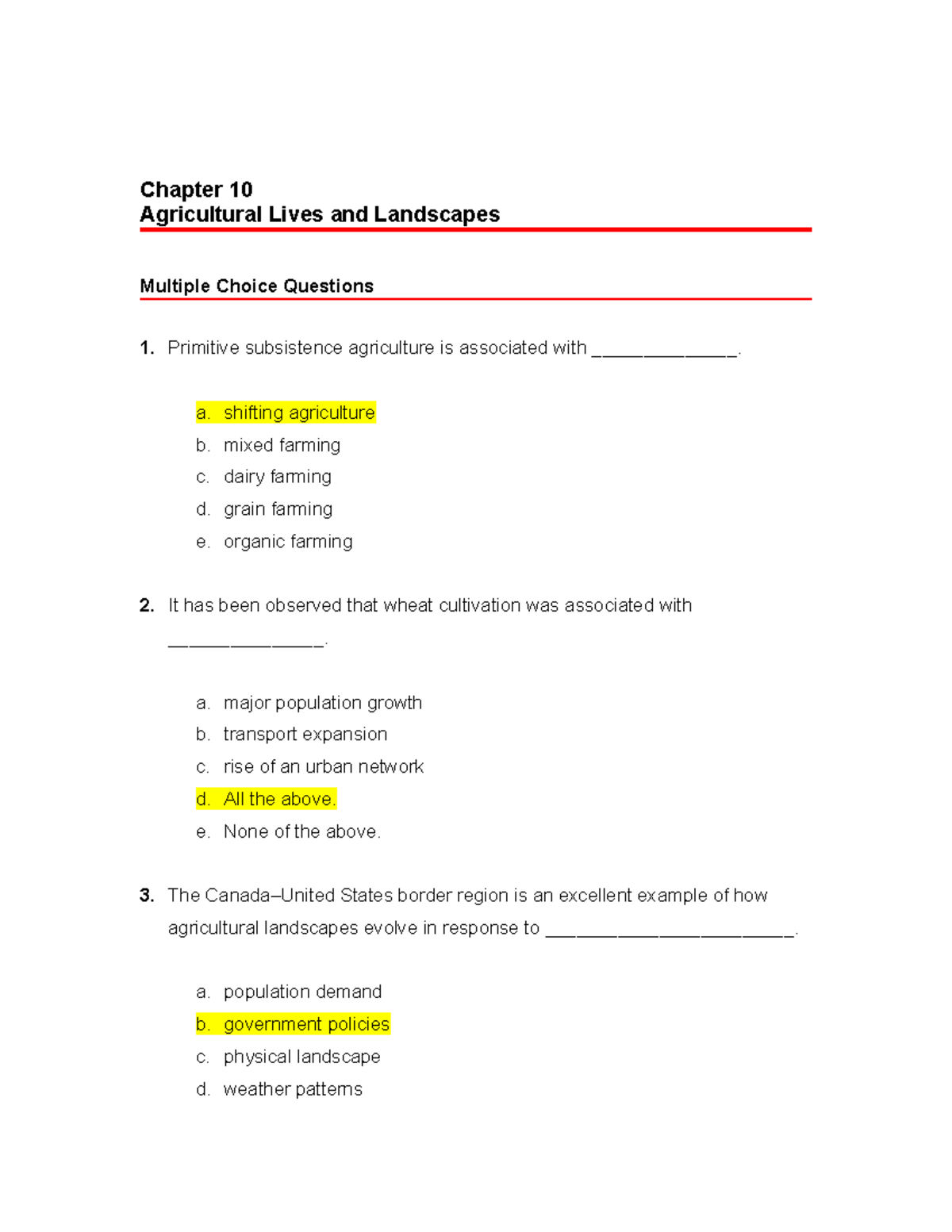 Chapter 10 - Chapter 10 Agricultural Lives and Landscapes Multiple ...