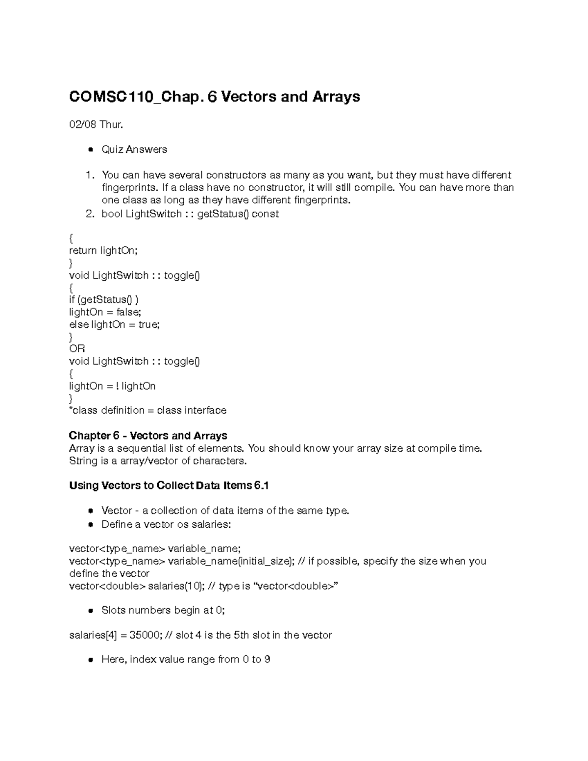 Comsc 110 Chap 6 - Chap. 6 Vectors and Arrays - COMSC110_Chap. 6 Vectors and Arrays 02/08 Thur ...